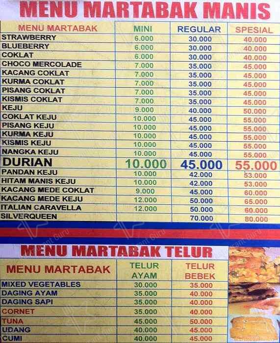 Menu at Martabak Aidolai restaurant, Bogor, Jalan Johar