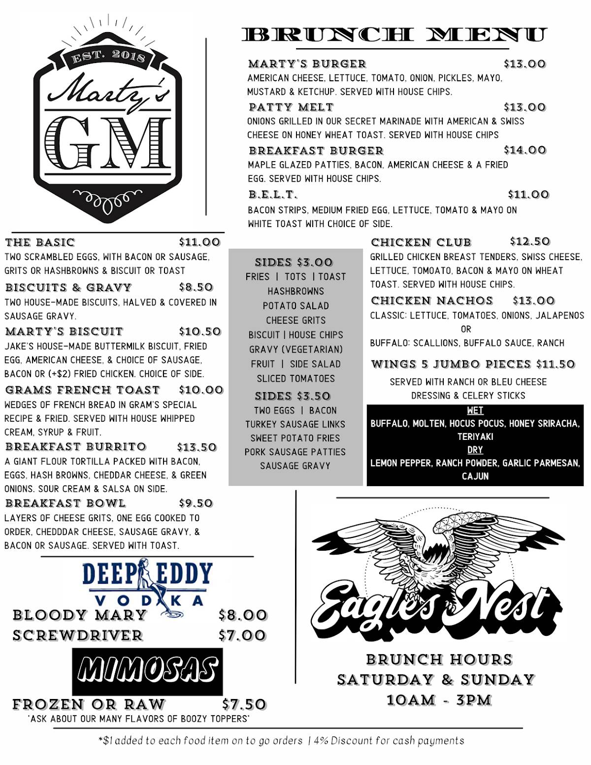 Menu at Marty's GM & Eagle's Nest restaurant, Irondale