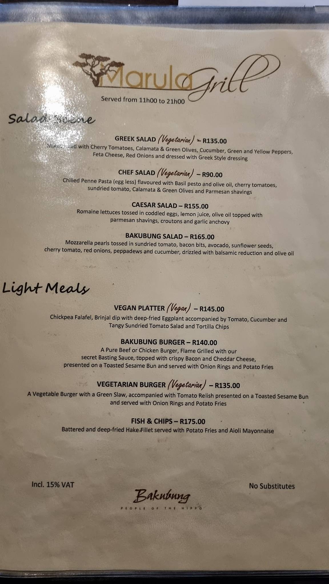 Menu at Marula Grill Restaurant, Pilanesberg National Park