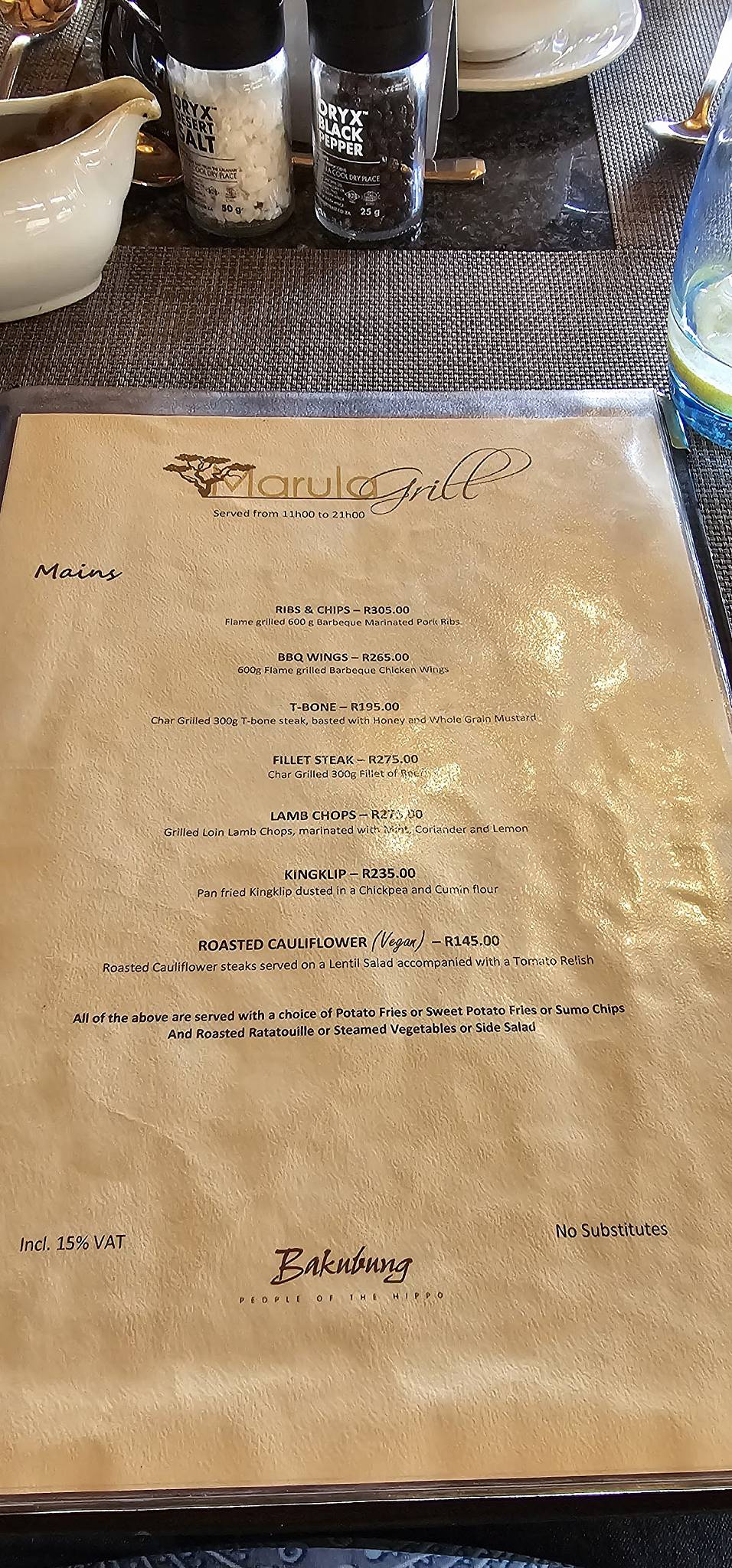 Menu at Marula Grill Restaurant, Pilanesberg National Park