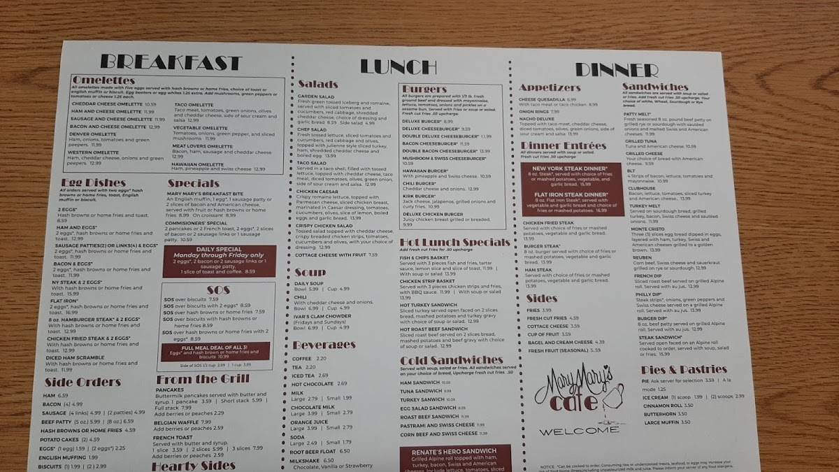 Menu at Mary Mary's Cafe, Spanaway