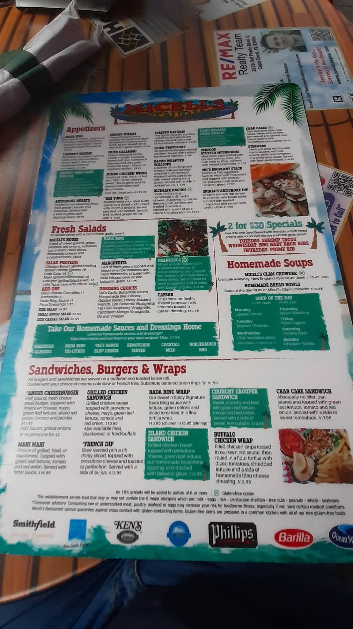 Menu at Miceli's Restaurant, Matlacha