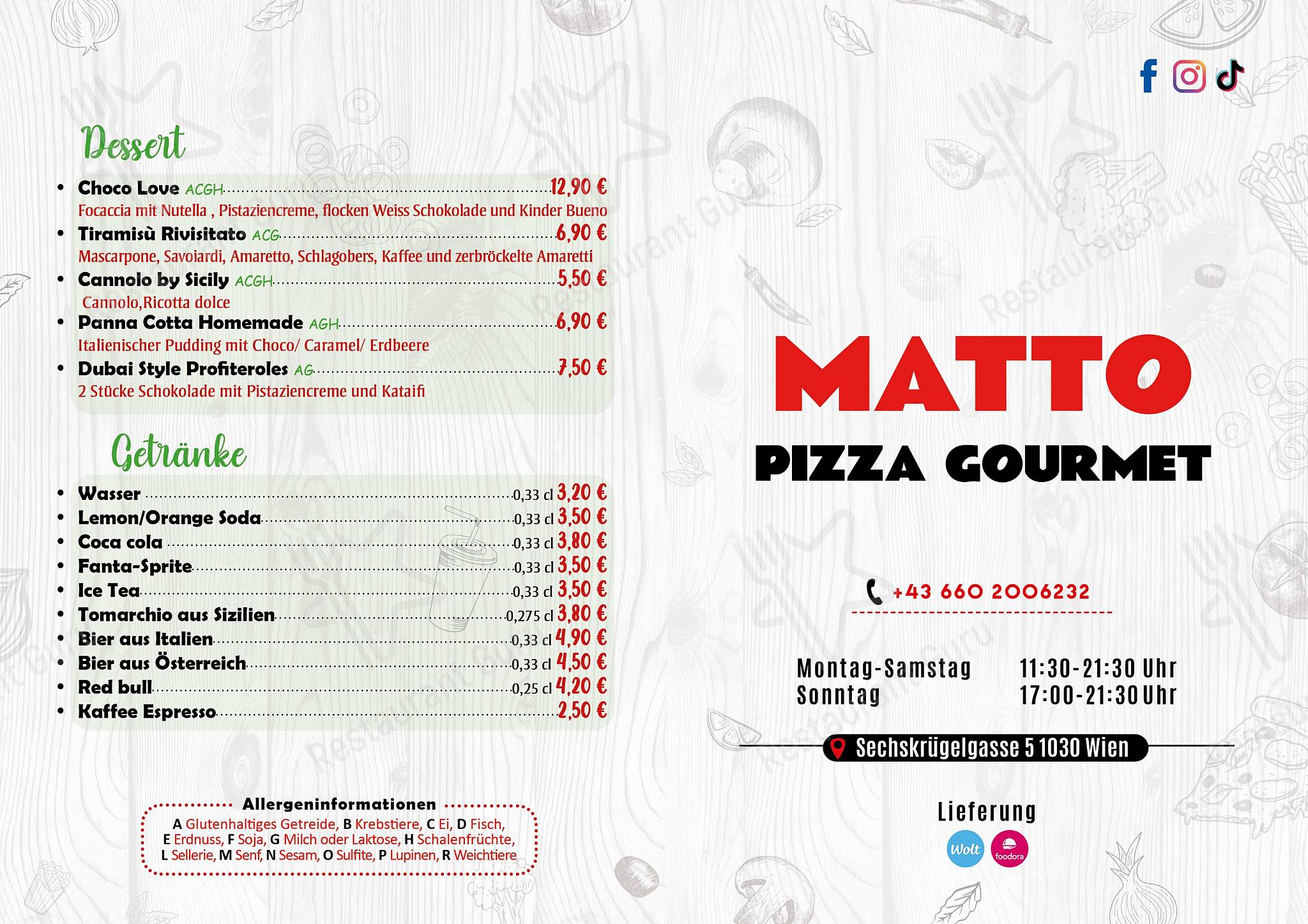 Menu at Matto Pizza Gourmet, Vienna