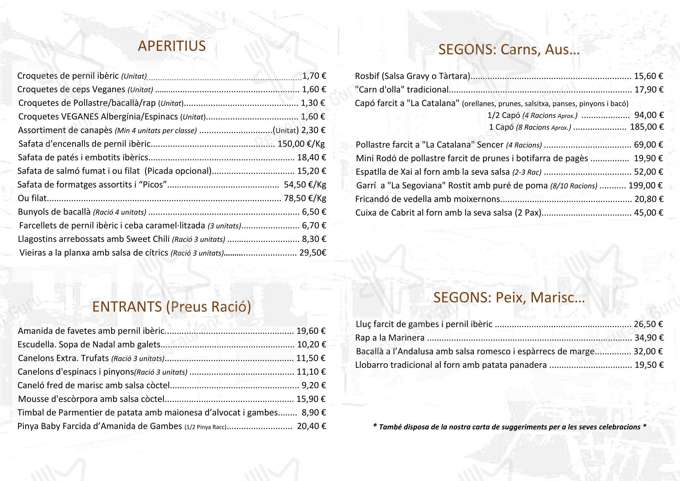 Carta del postres Mauri, Barcelona, Rambla del Catalunya, 102