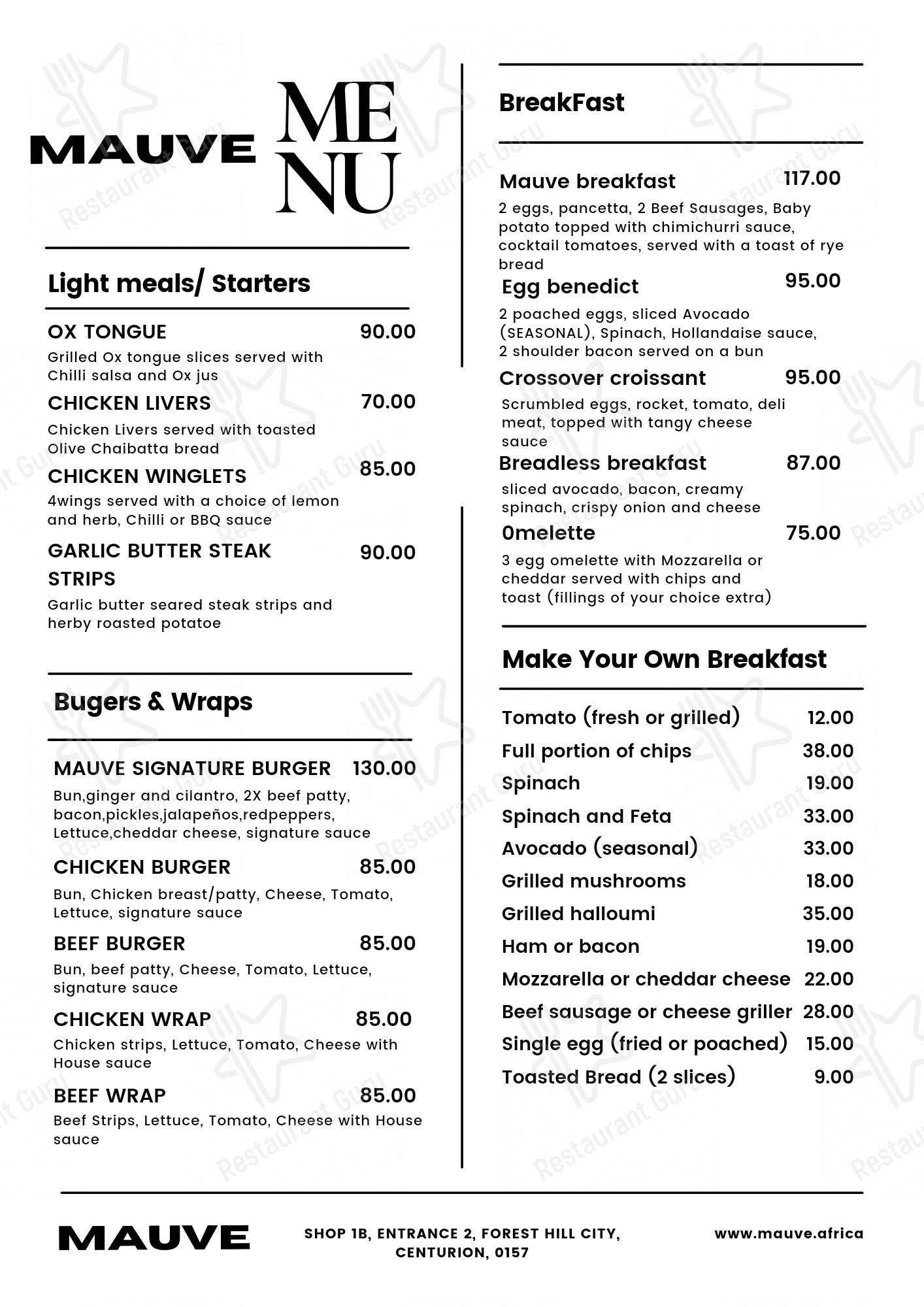 Menu at Mauve Restaurant & Champagne bar, Centurion