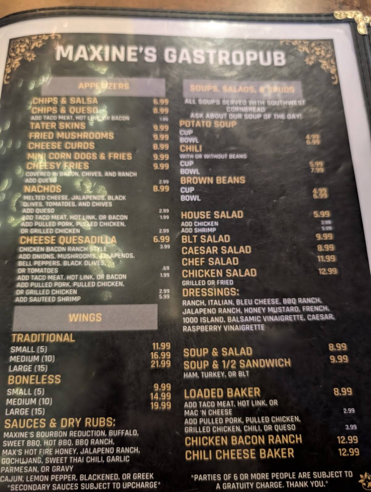 Menu at Max's Garage pub & bar, Muskogee