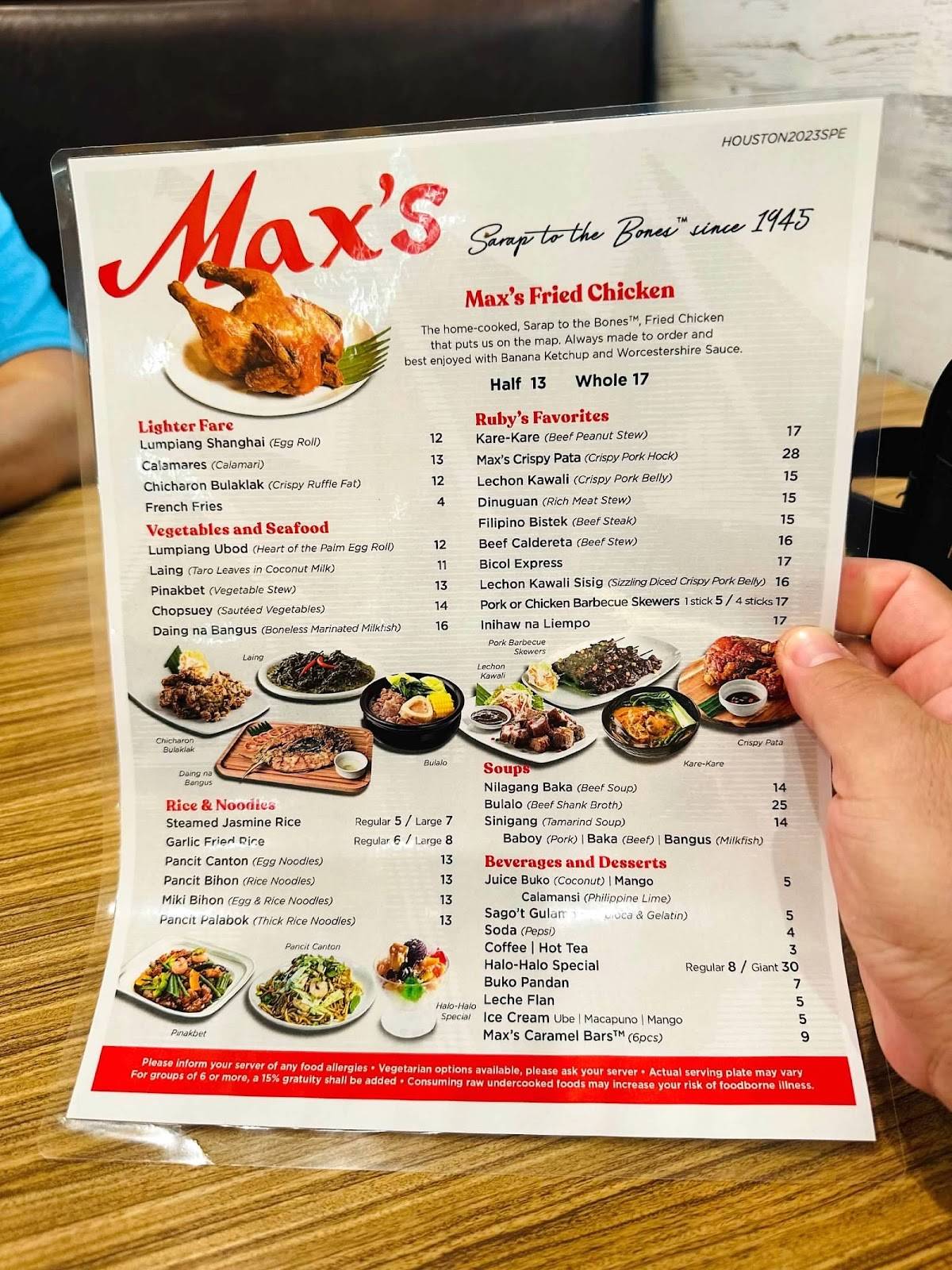 Menu at Max's Restaurant Houston, Cuisine of the Philippines, Houston
