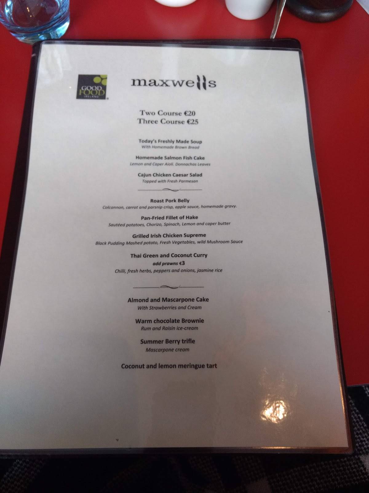 Menu at Maxwells Restaurant, Galway