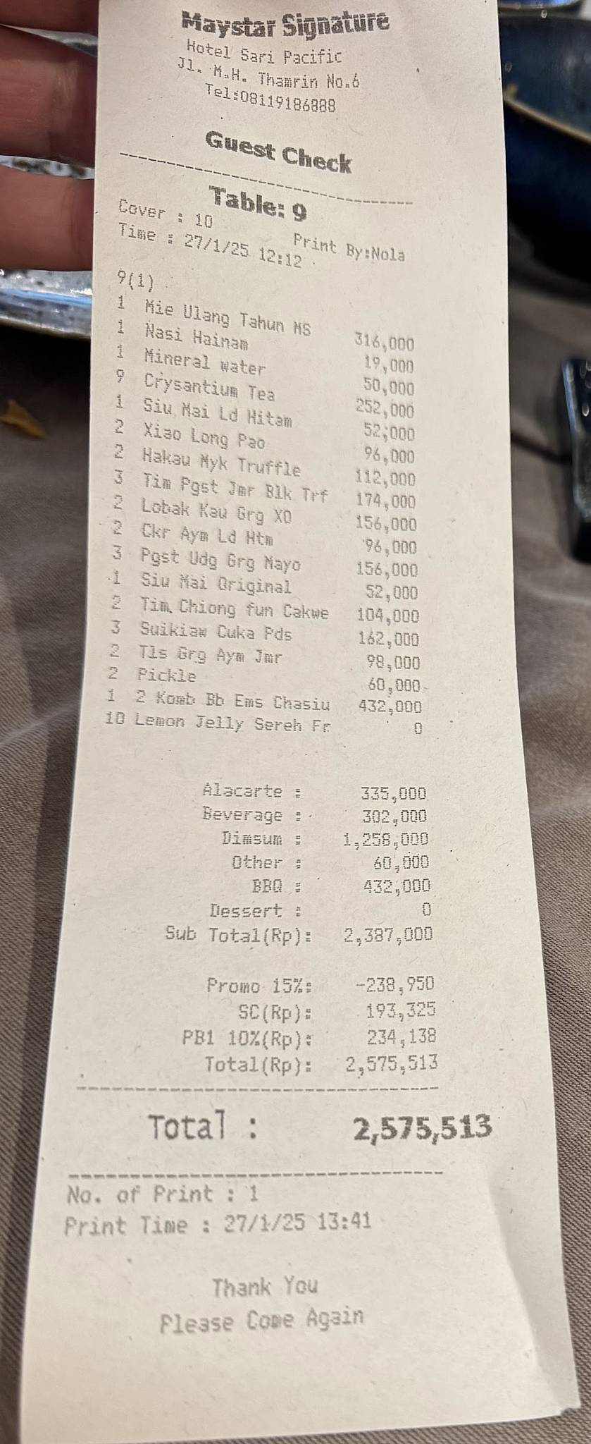 Menu at May Star Signature restaurant, Central Jakarta