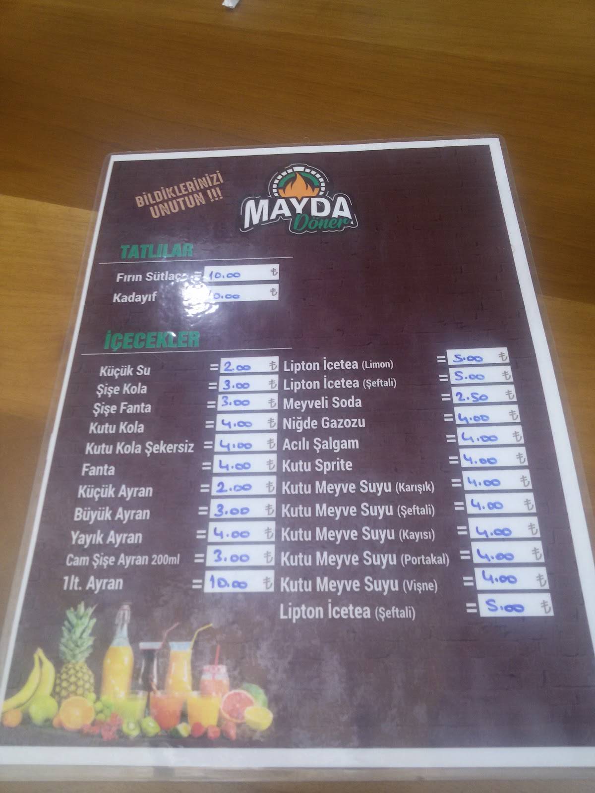 Menu at Mayda Döner, Aksaray