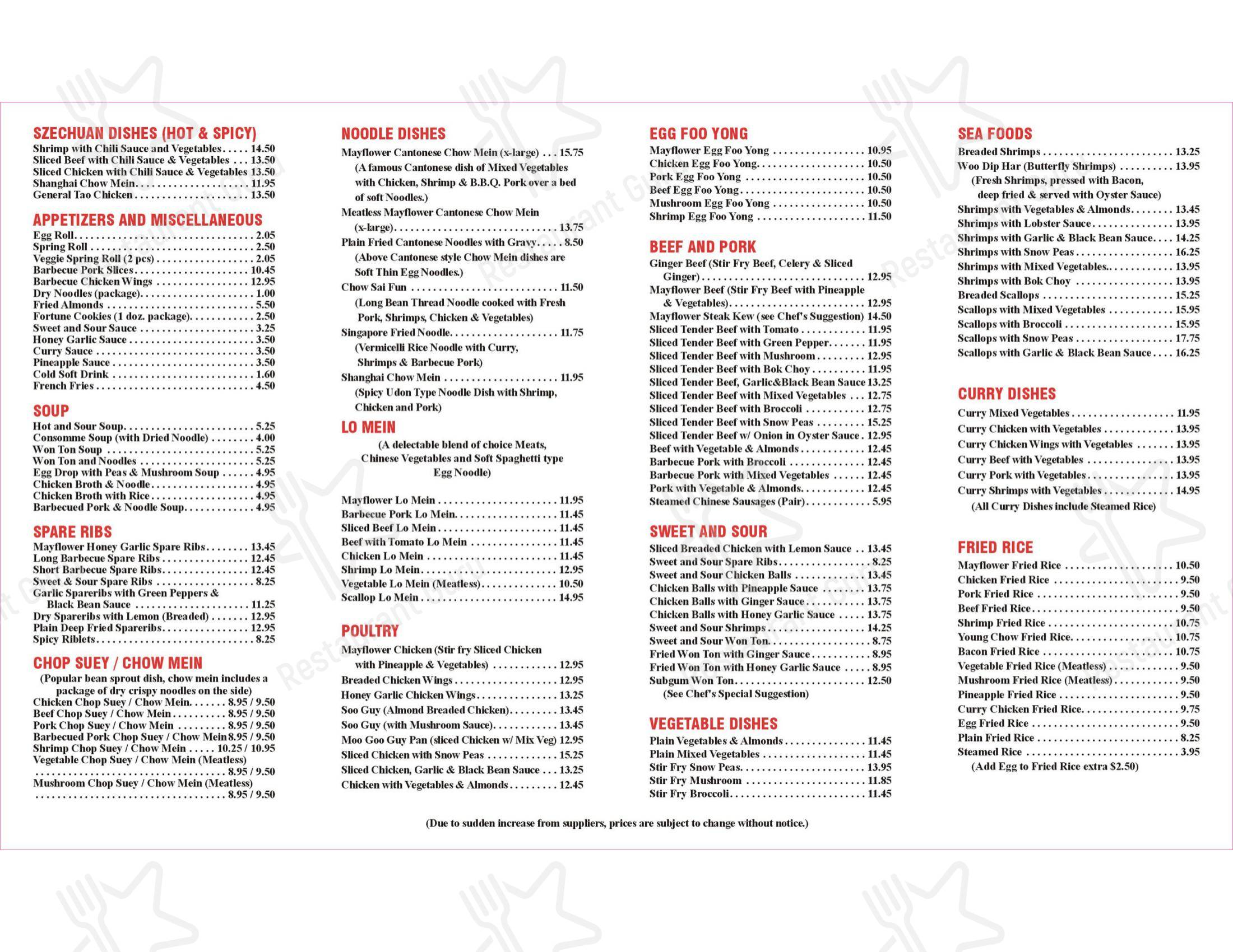 Menu at Mayflower Chinese Food restaurant, Toronto
