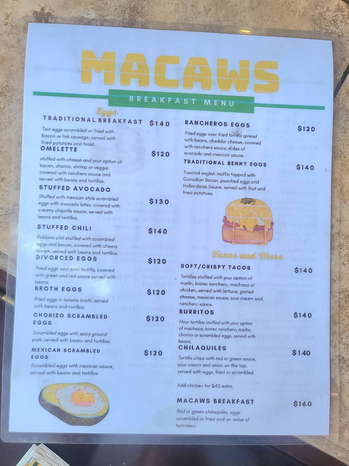 Menu at Macaws Bar & Bistro, Mazatlán
