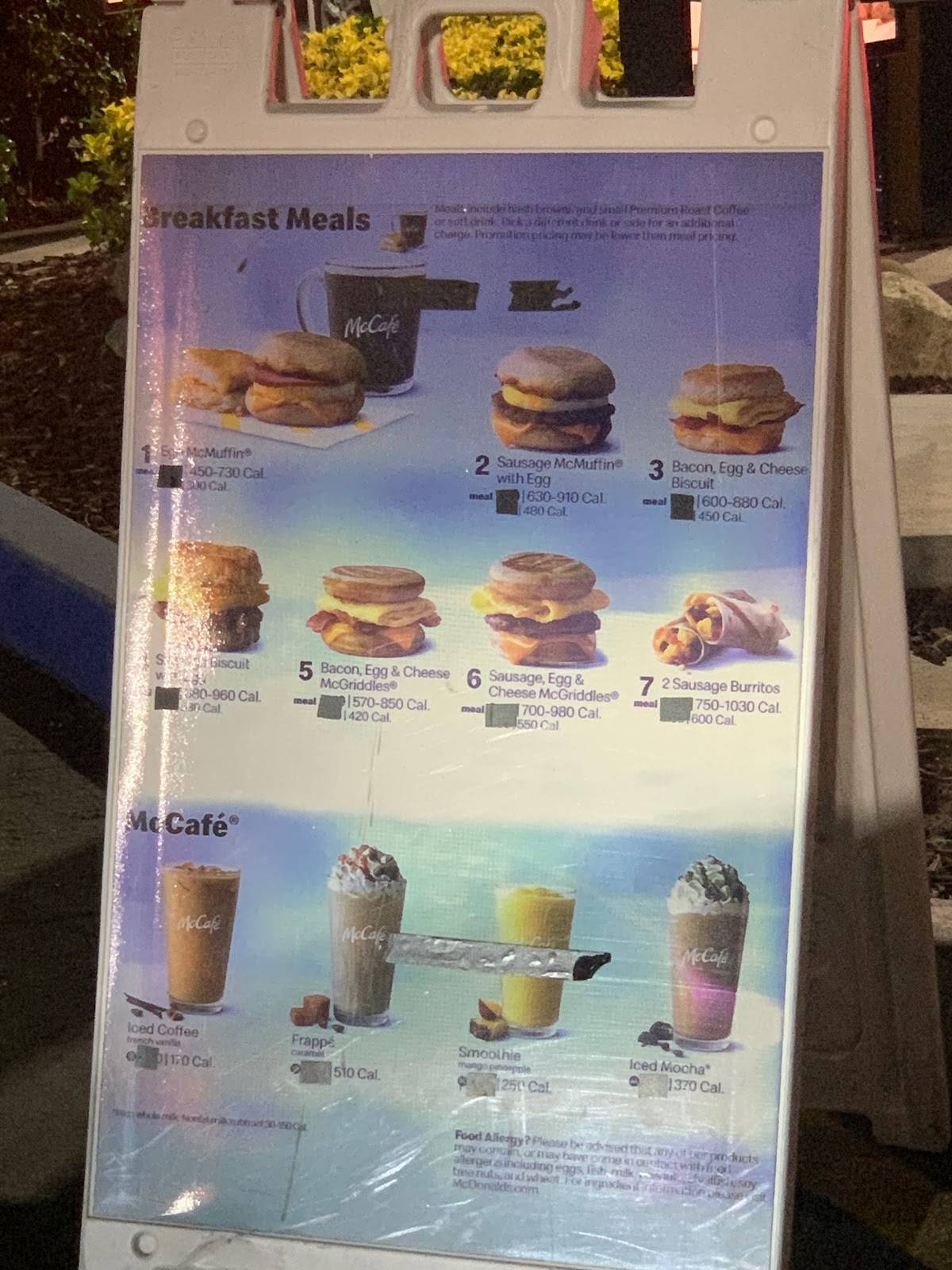 Menu at McDonald's fast food, Monrovia, 480 W Huntington Dr