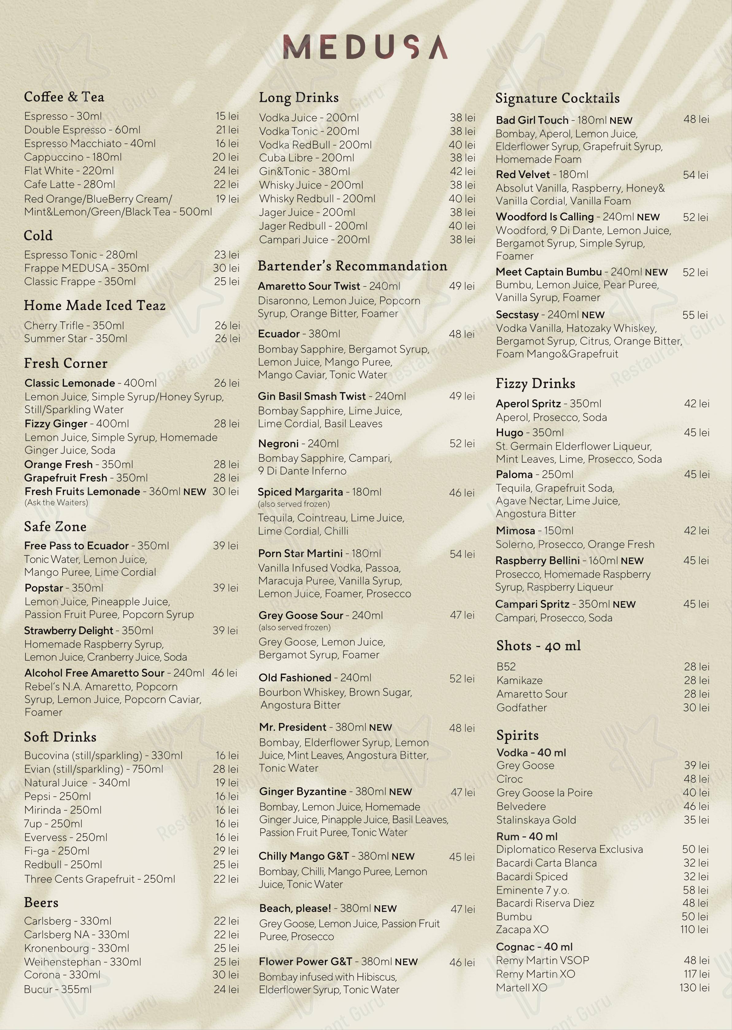 Menu at Medusa, Bucharest