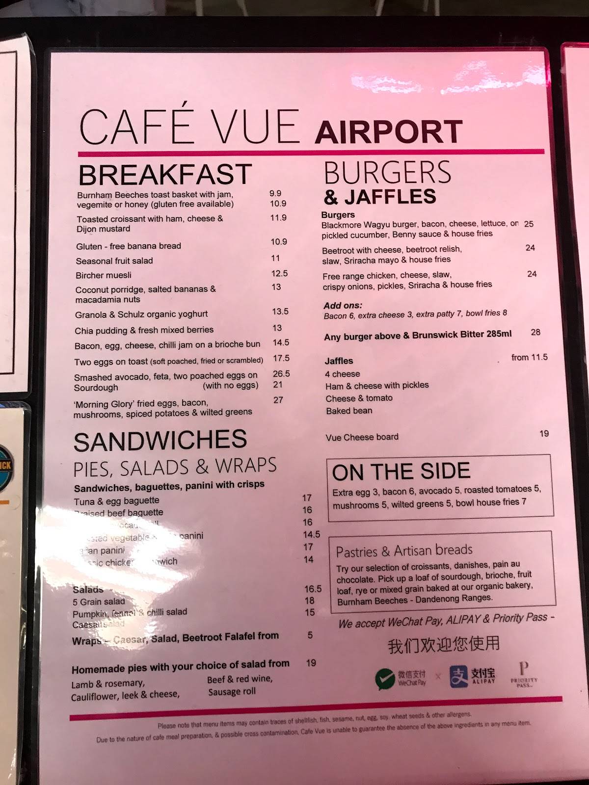 Menu at Cafe Sol, Melbourne Airport