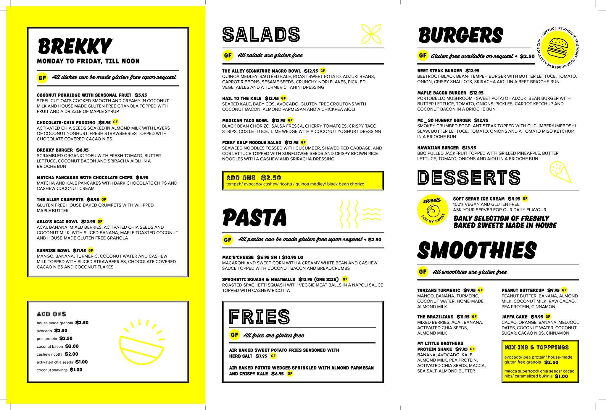 Menu at The Alley cafe, Melbourne