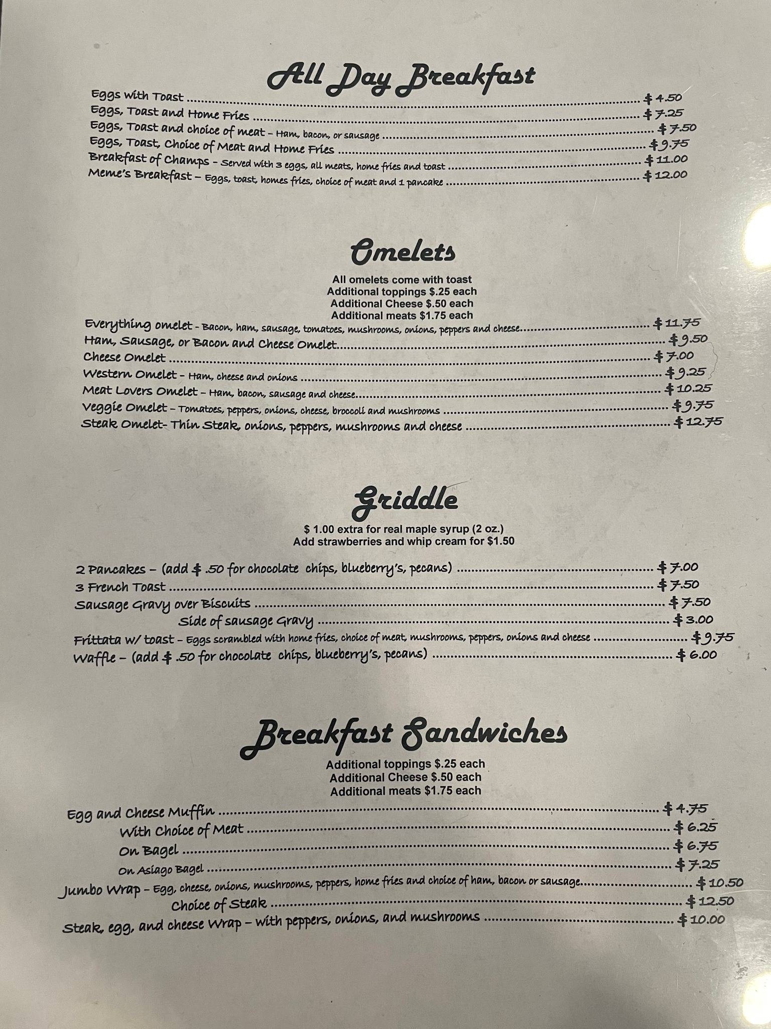 Menu at Meme's Diner restaurant, Felts Mills