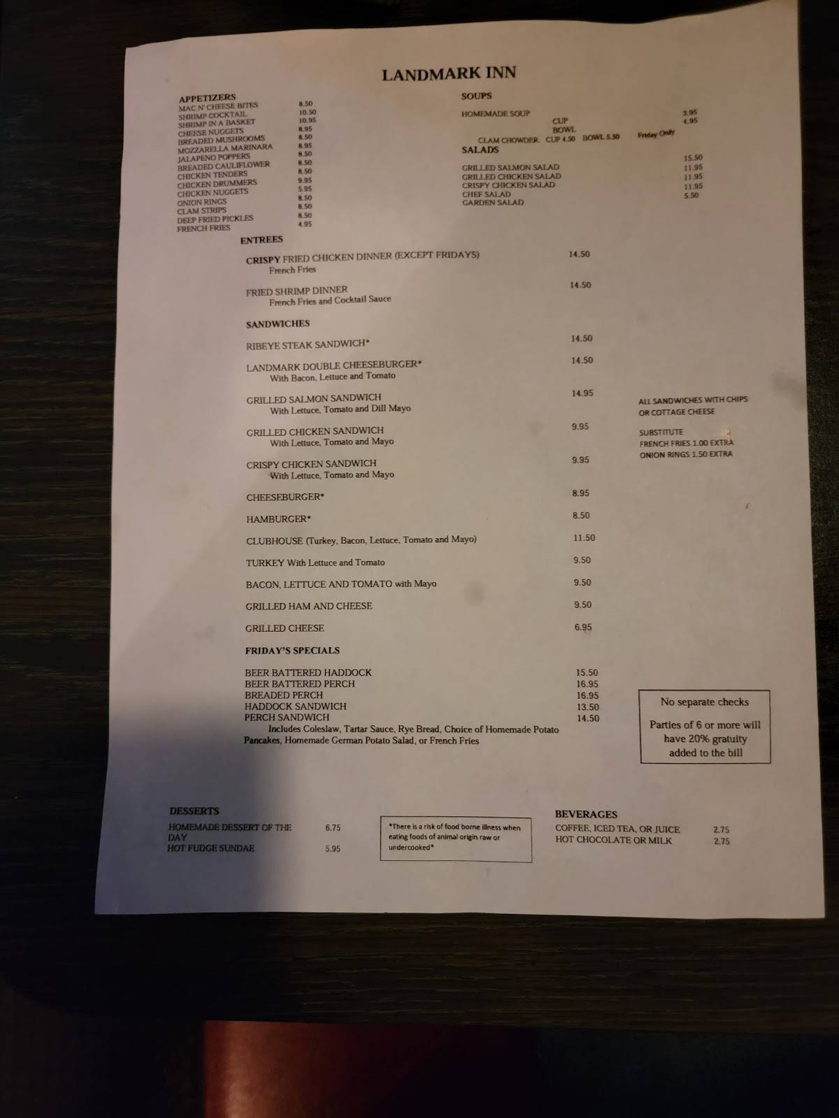 Menu at Landmark restaurant, Mequon