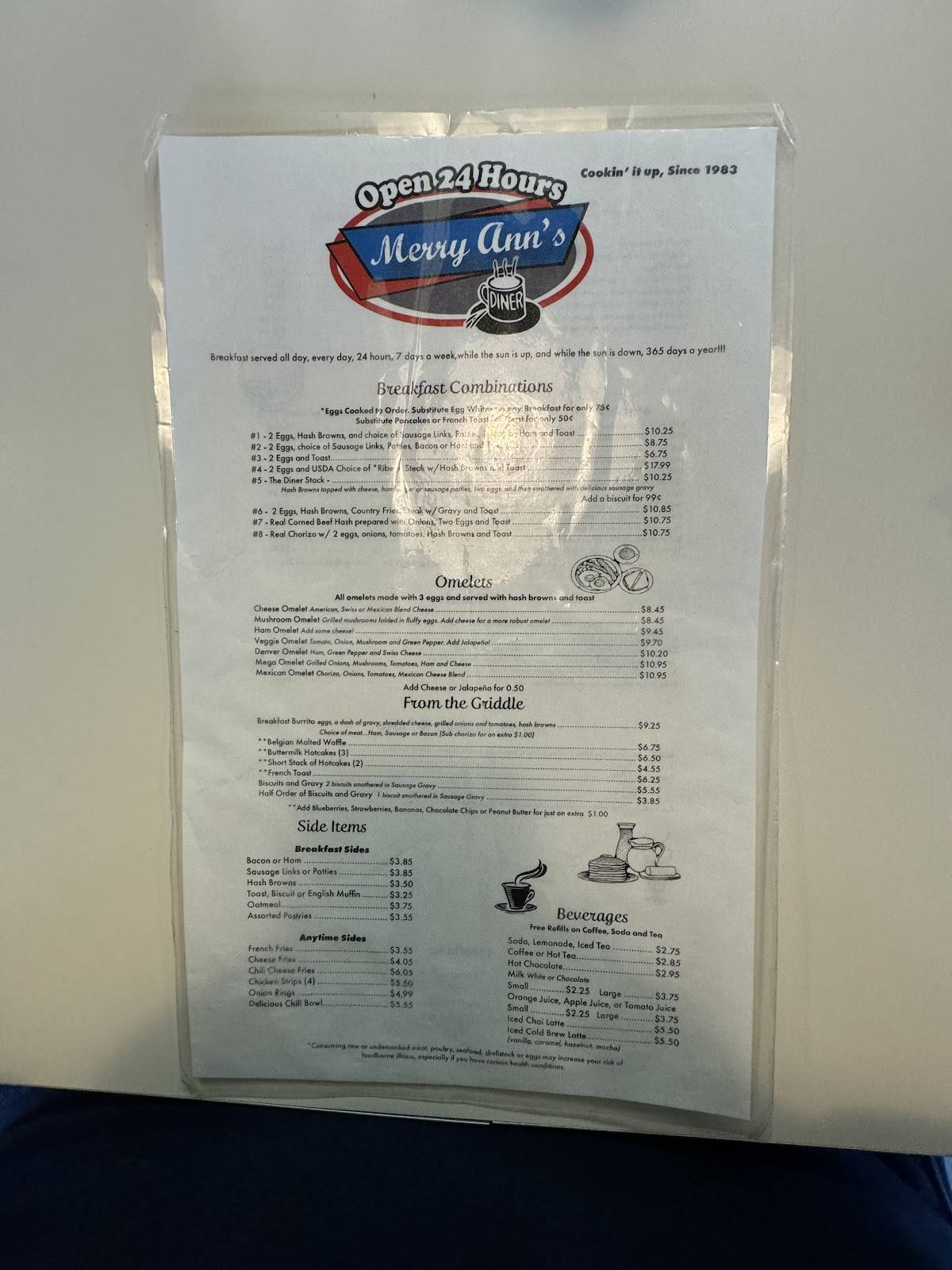 Menu at Merry Ann's Diner restaurant, Champaign, S Neil St