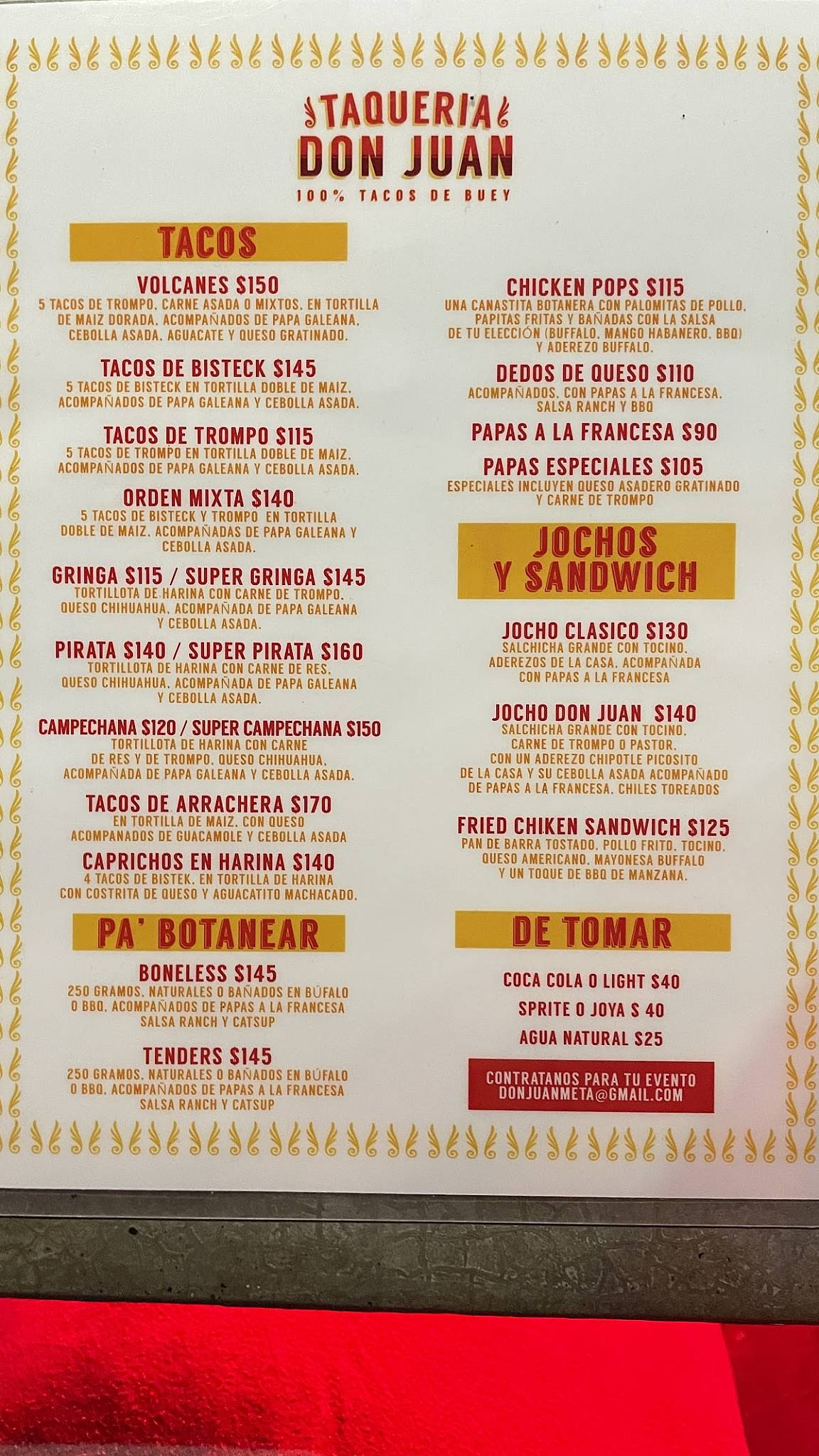 Carta del restaurante Metapatio, Monterrey