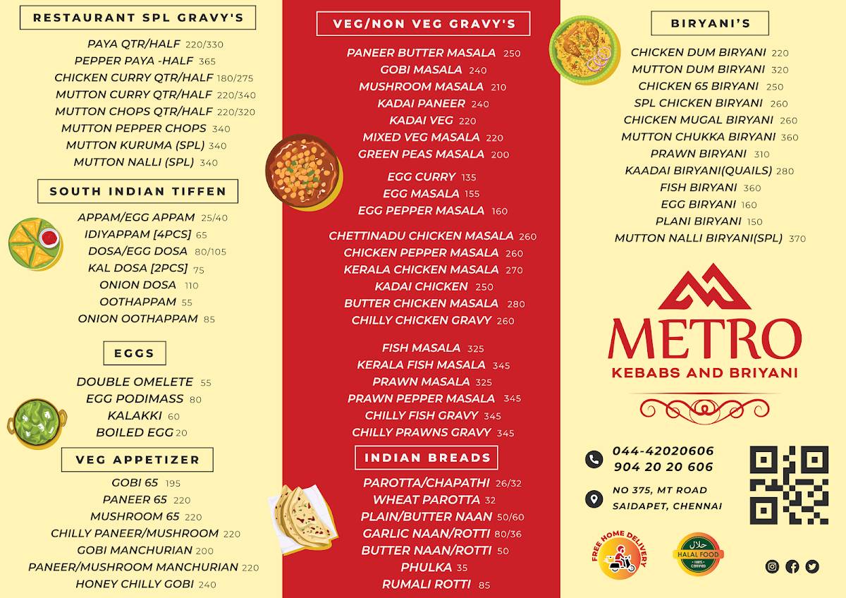 Menu at Metro Hotel, Chennai, Anna Salai