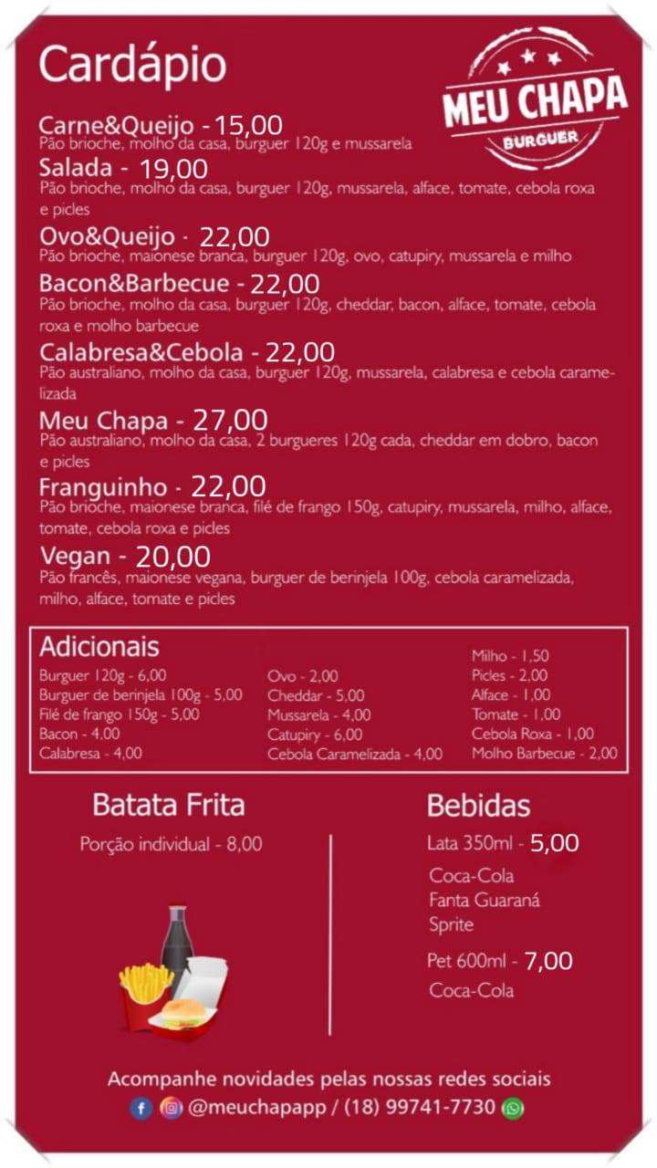 Menu em Meu chapa burguer restaurante, Presidente Prudente