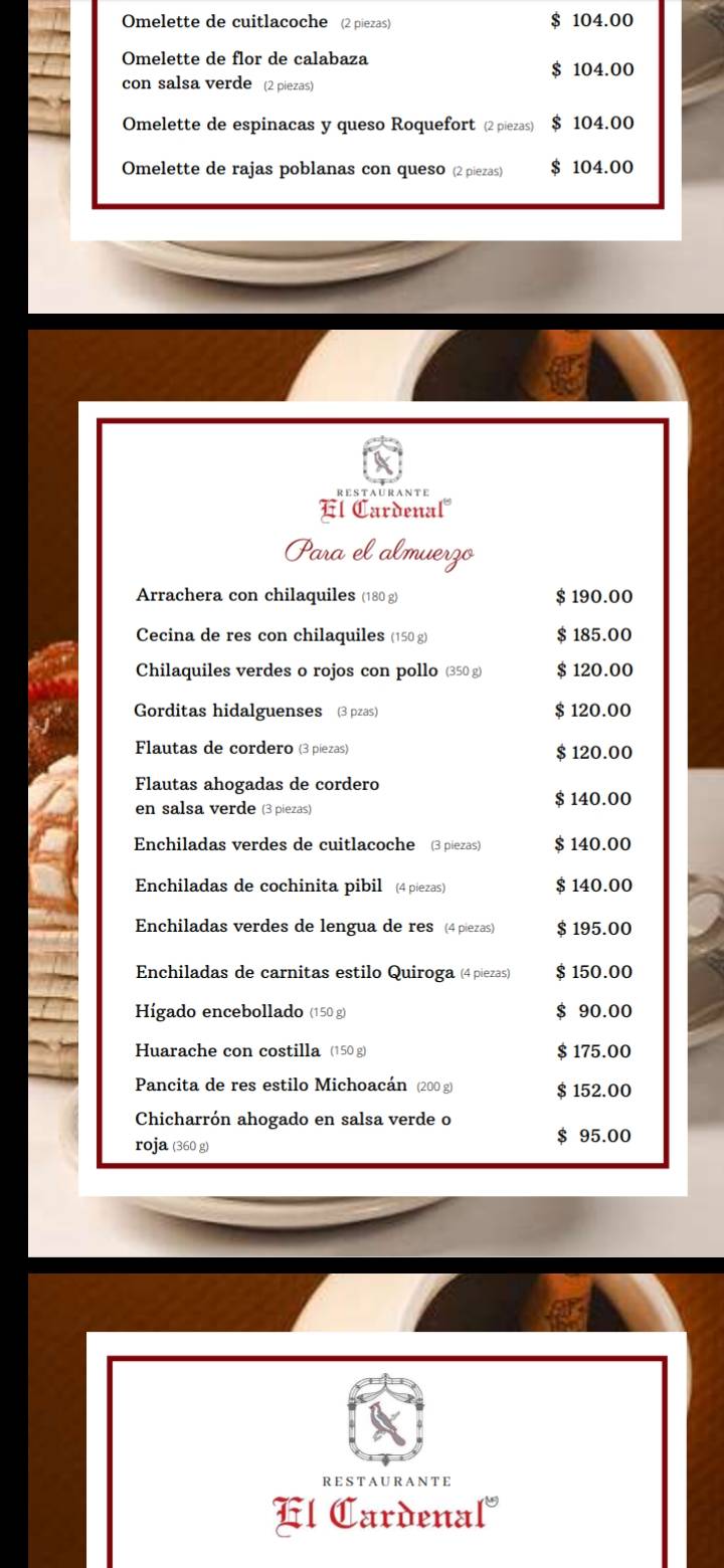 Carta del restaurante El Cardenal del San Ángel, Ciudad del México, Av ...