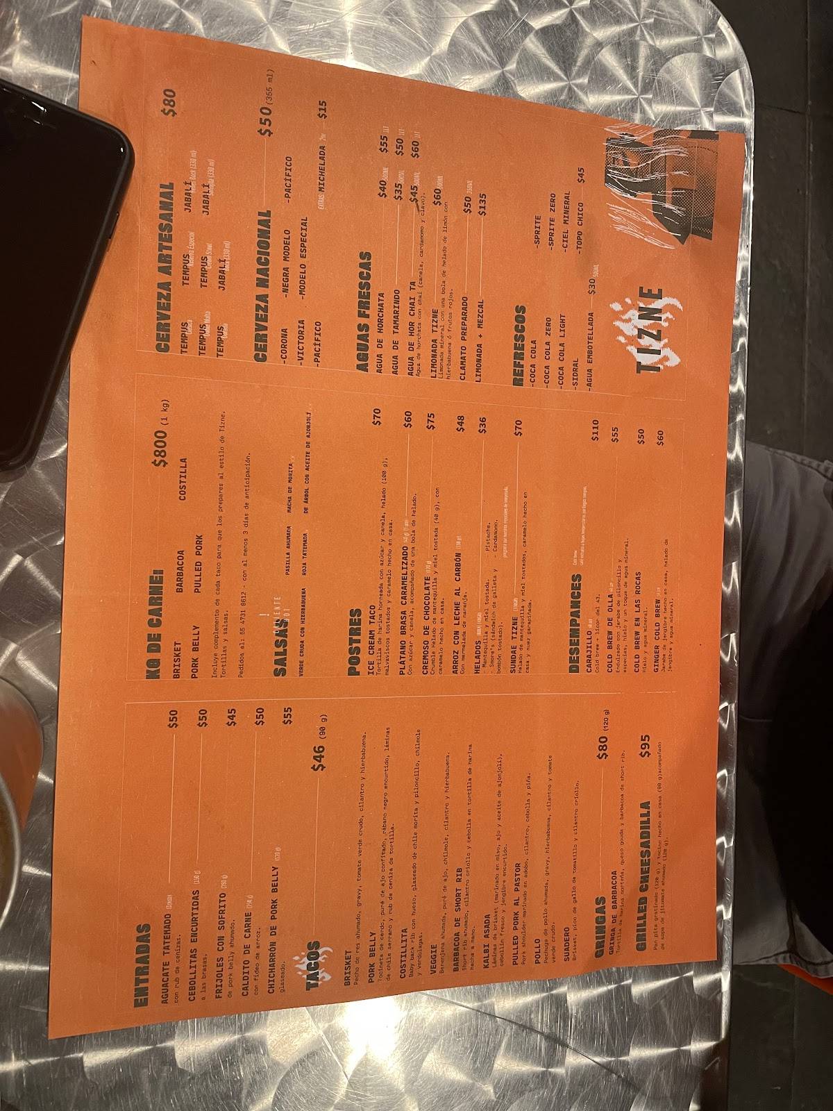 Menu at Tizne Tacomotora (Roma) restaurant, Mexico City