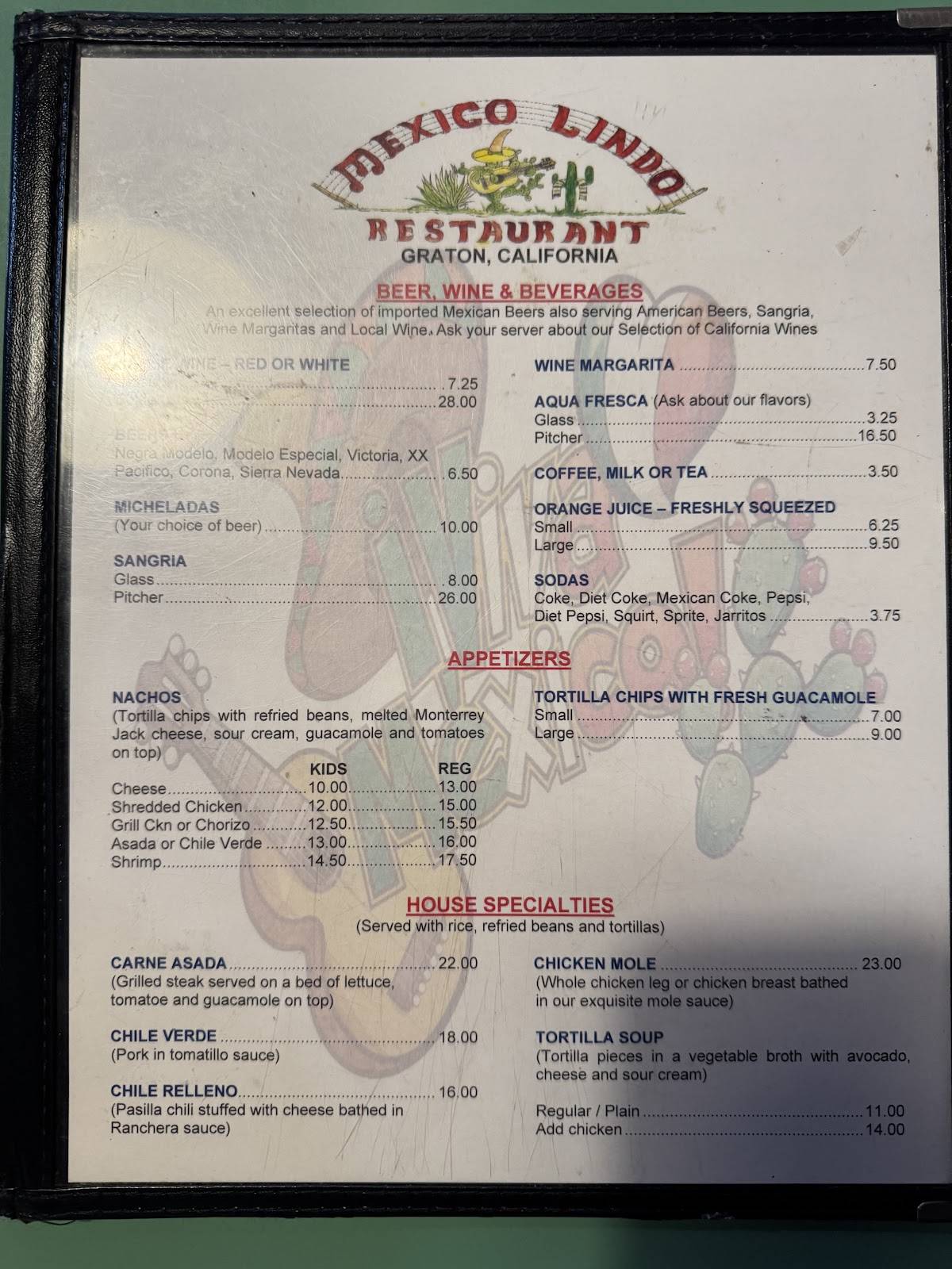 Menu at Mexico Lindo Restaurant, Graton
