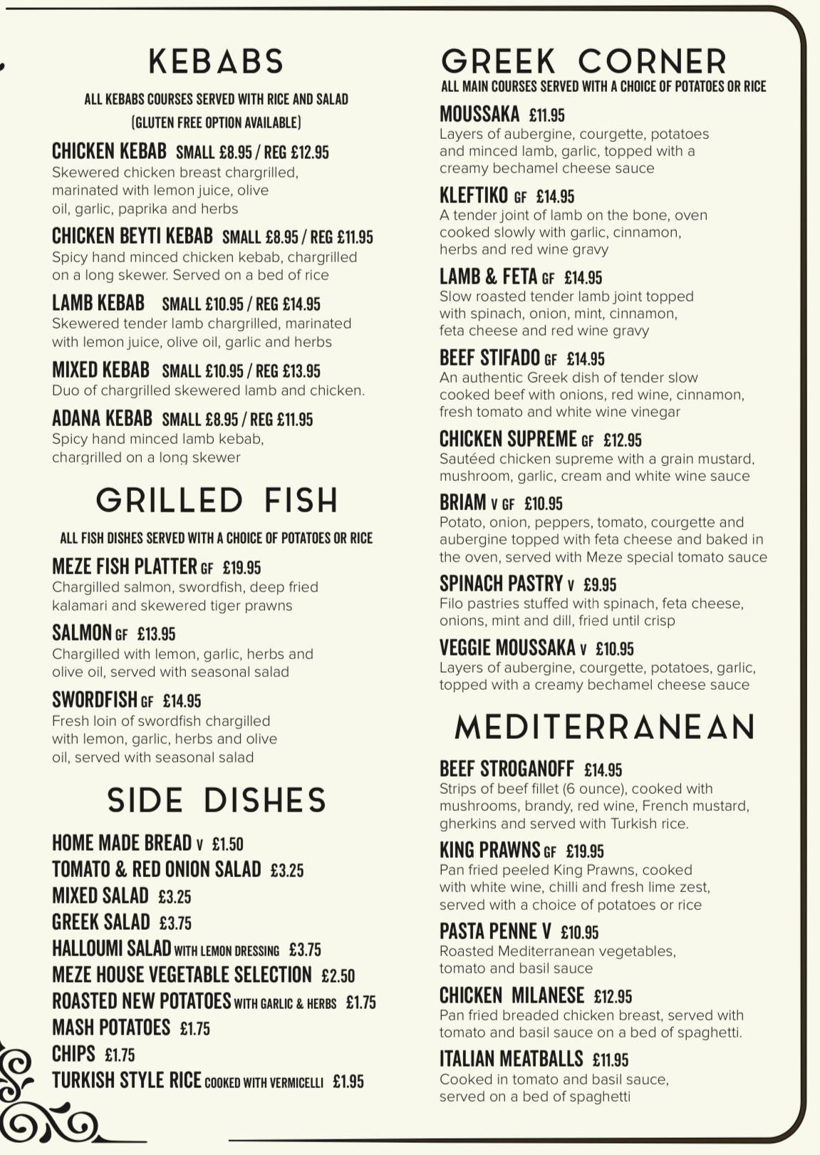 Menu at Meze restaurant, Brighouse