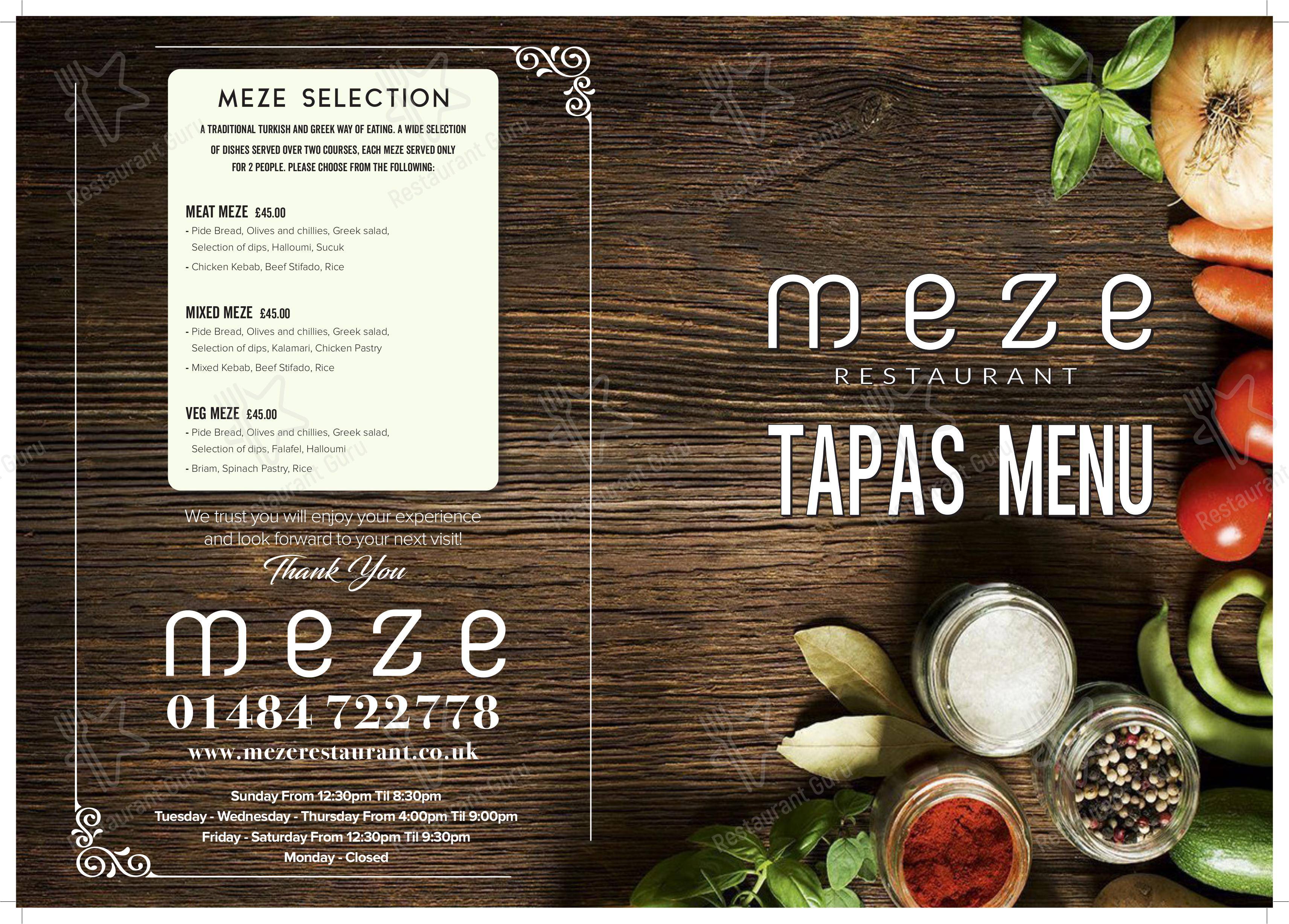 Menu at Meze restaurant, Brighouse