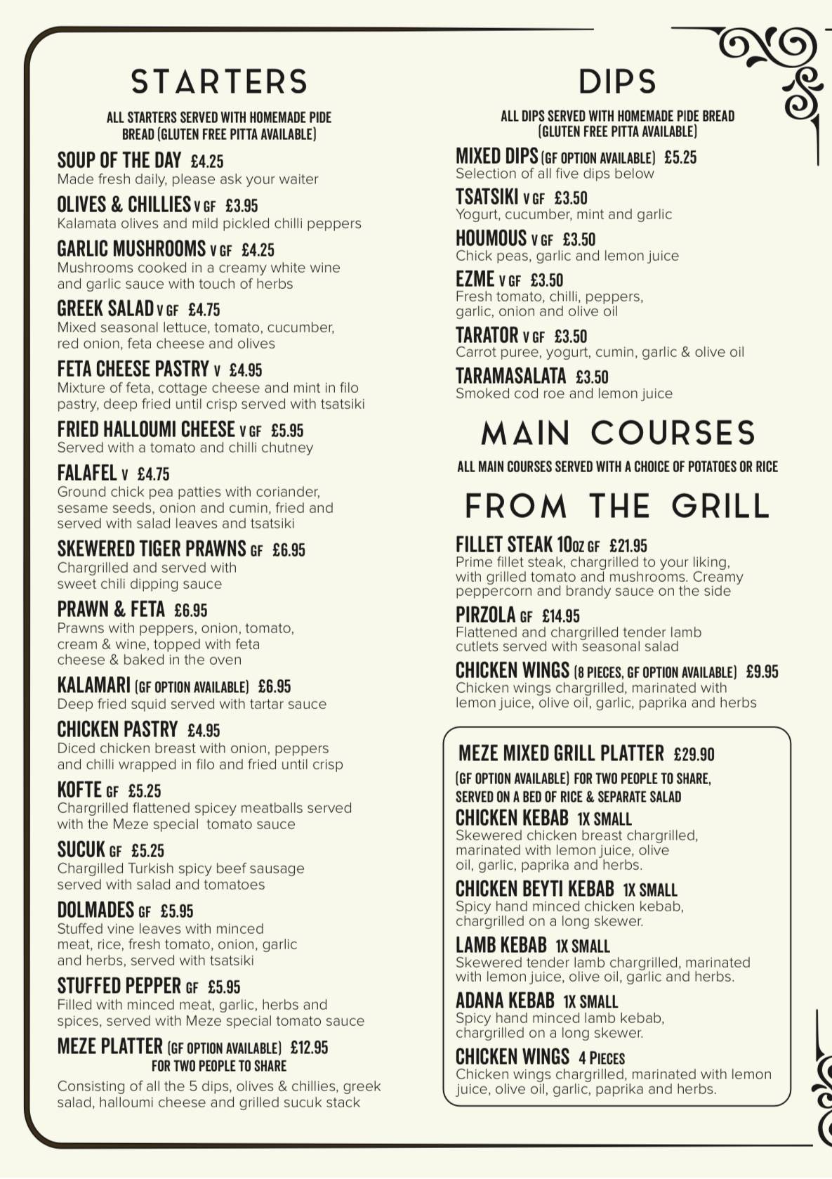 Menu at Meze restaurant, Brighouse