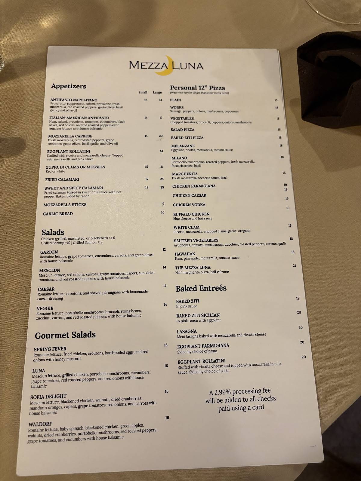 Menu at Mezza Luna Italian Restaurant, Manalapan Township, 357 US-9