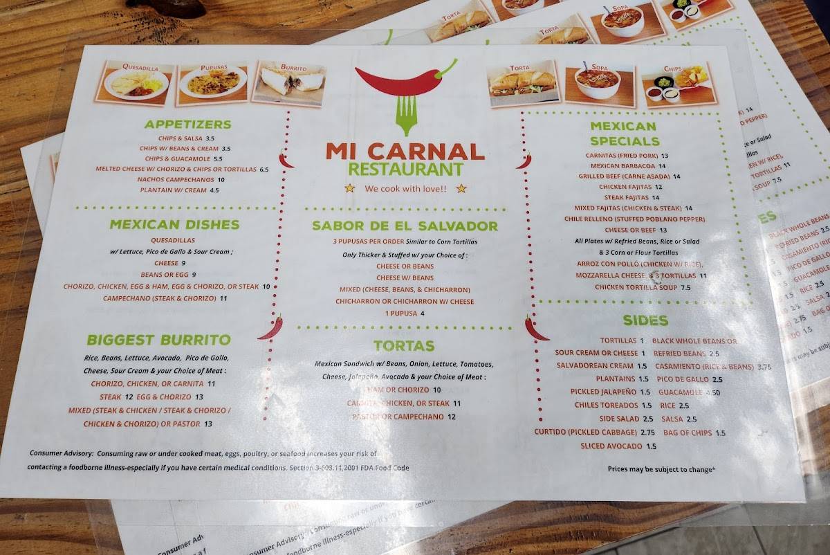 Menu at Mi Carnal Restaurant, St. Augustine