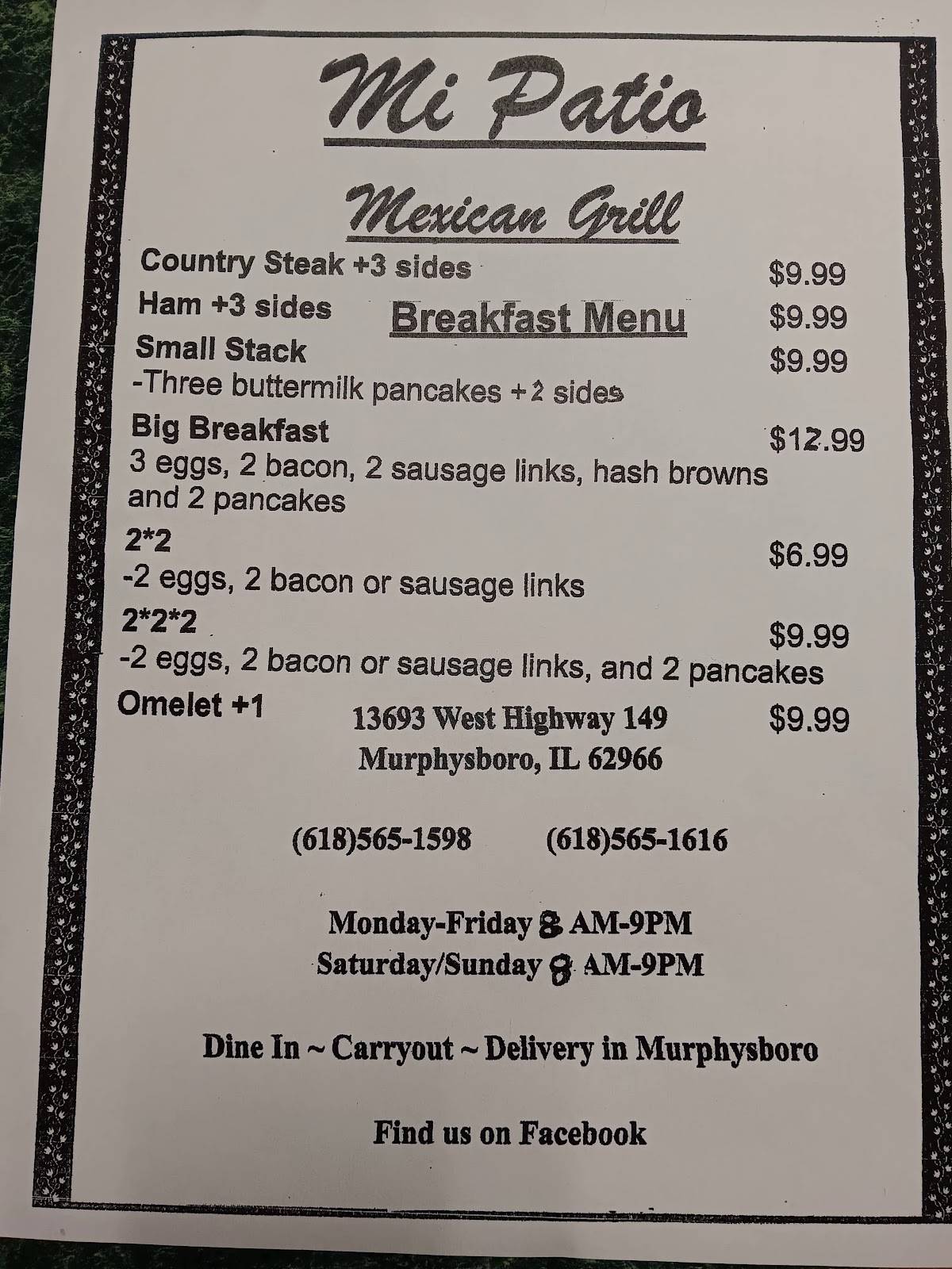 Menu at Mi Patio Mexican Grill restaurant, Murphysboro
