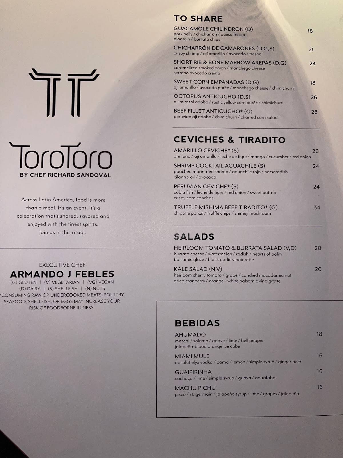 Menu at Toro Toro pub & bar, Miami, 100 Chopin Plaza