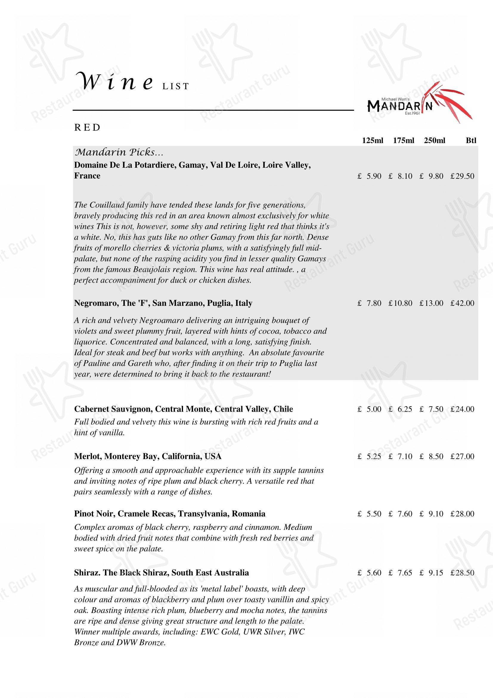 Menu at Michael Wan's Mandarin 上官樓 restaurant, Blackpool