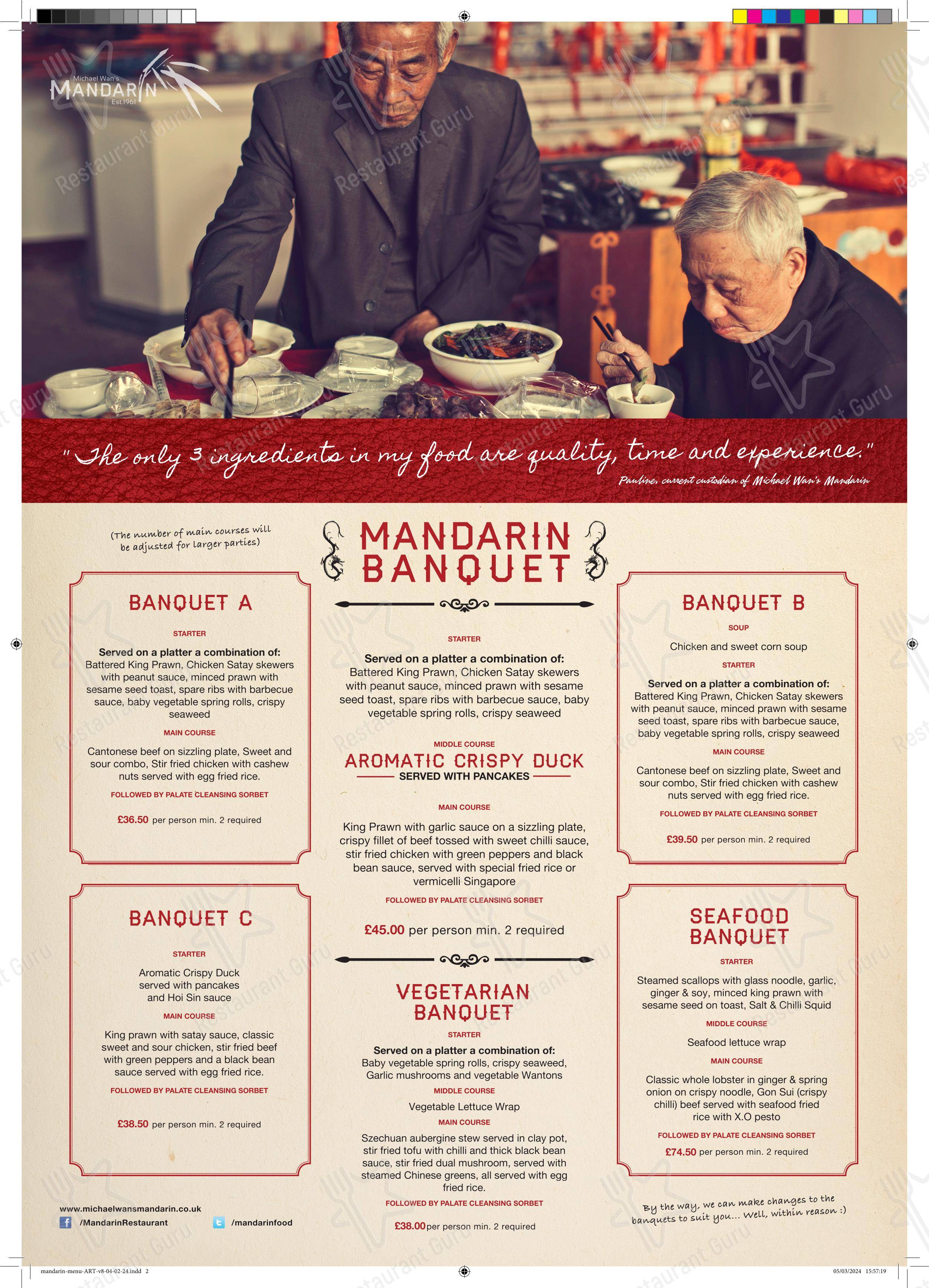 Menu at Michael Wan's Mandarin 上官樓 restaurant, Blackpool