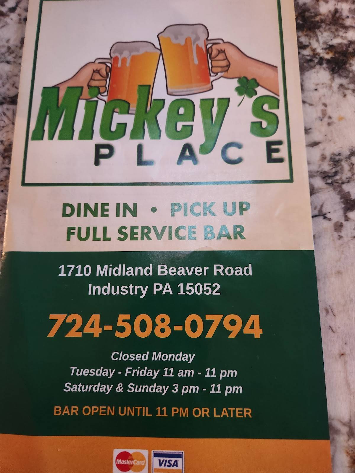 Menu at Mickey's Place restaurant, Industry