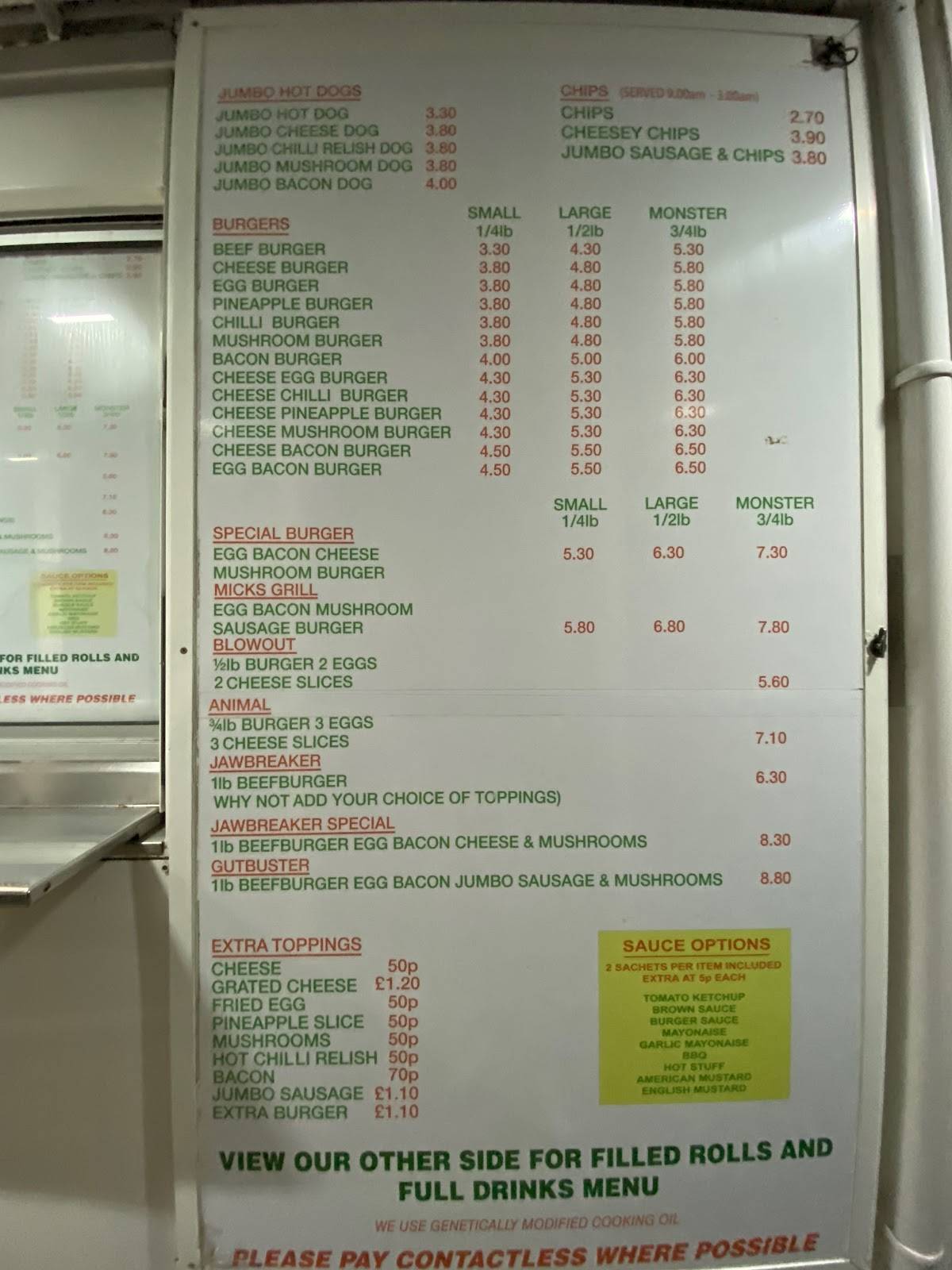 Menu at Mick's Monster Burgers fast food, Portsmouth