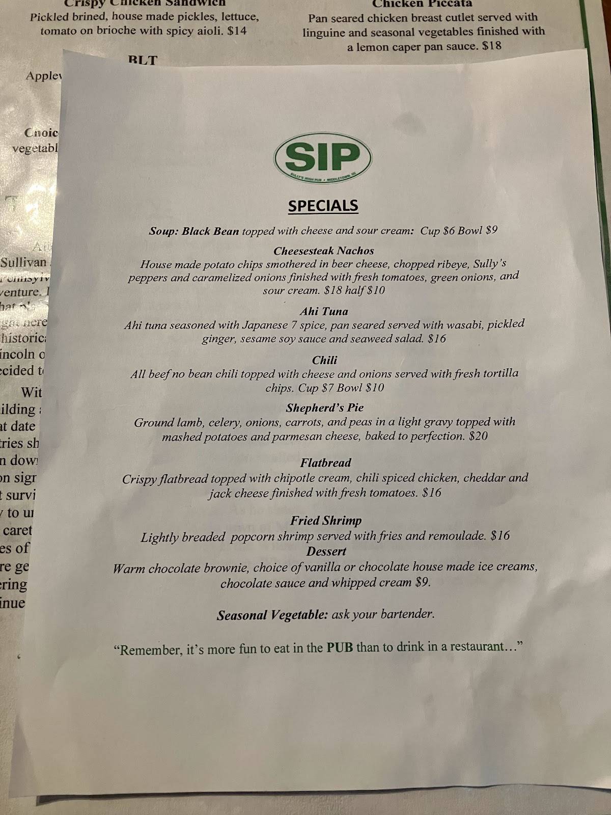 Menu at Sully's Irish Pub, Middletown