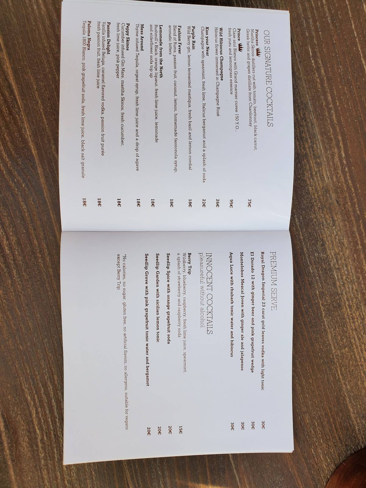 Menu at Principote Mykonos, Mikonos