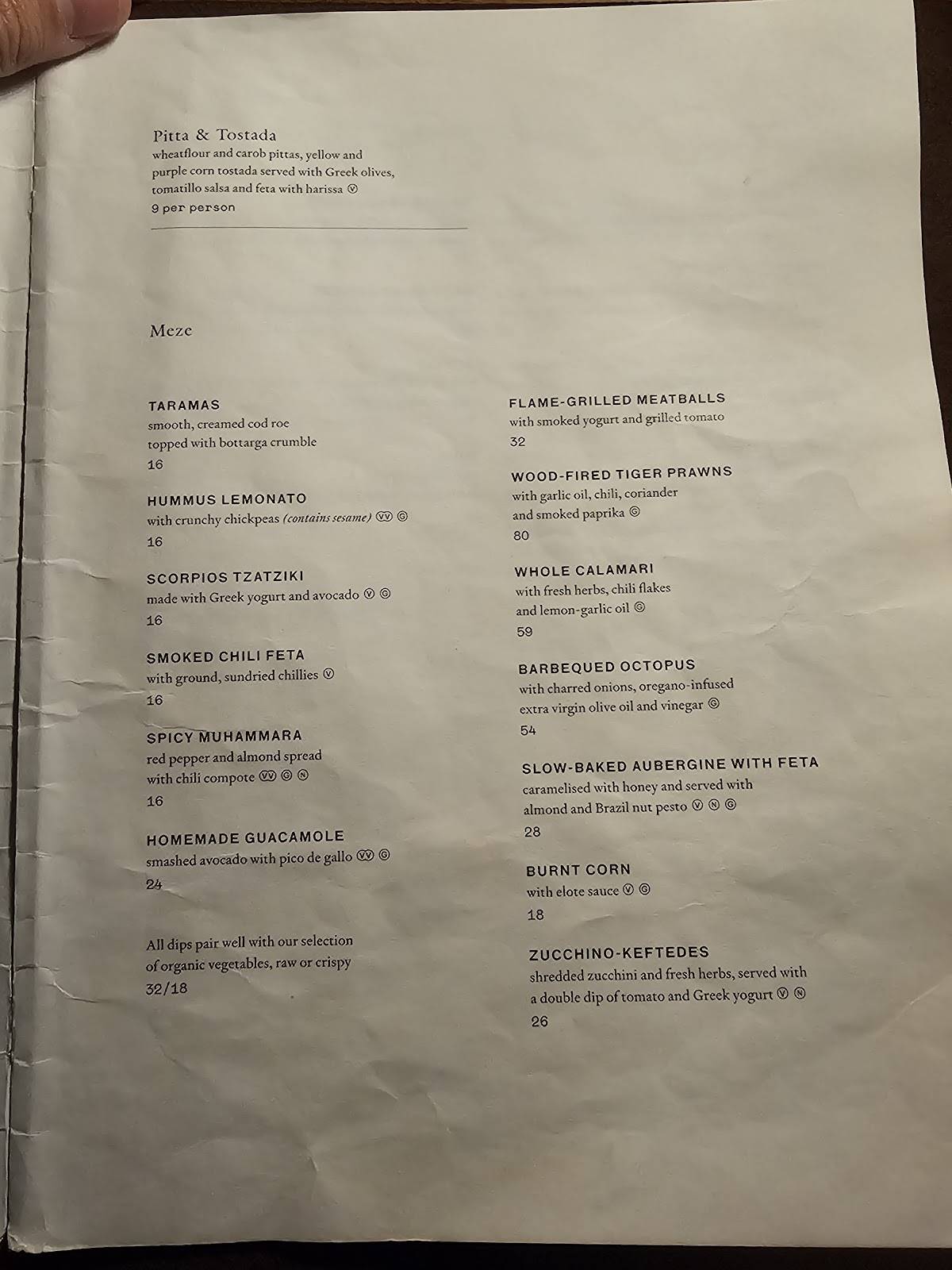 Menu at Scorpios, Mikonos