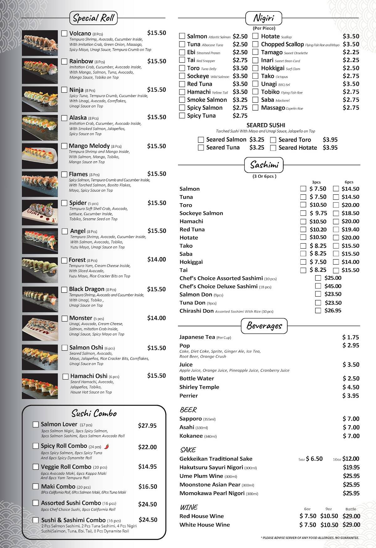 Menu at Miku Sushi restaurant, Calgary