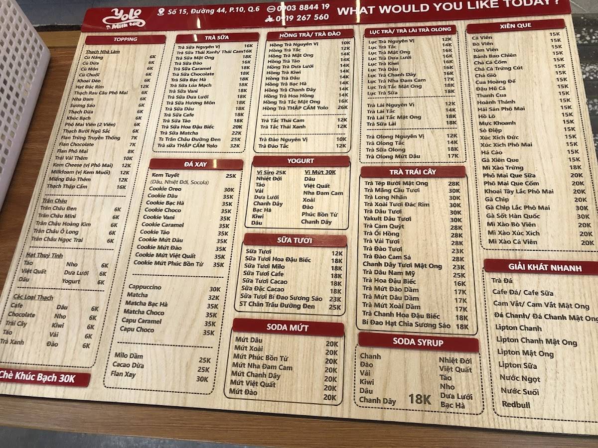 Menu at Milk tea Yolo cafe, Ho Chi Minh City