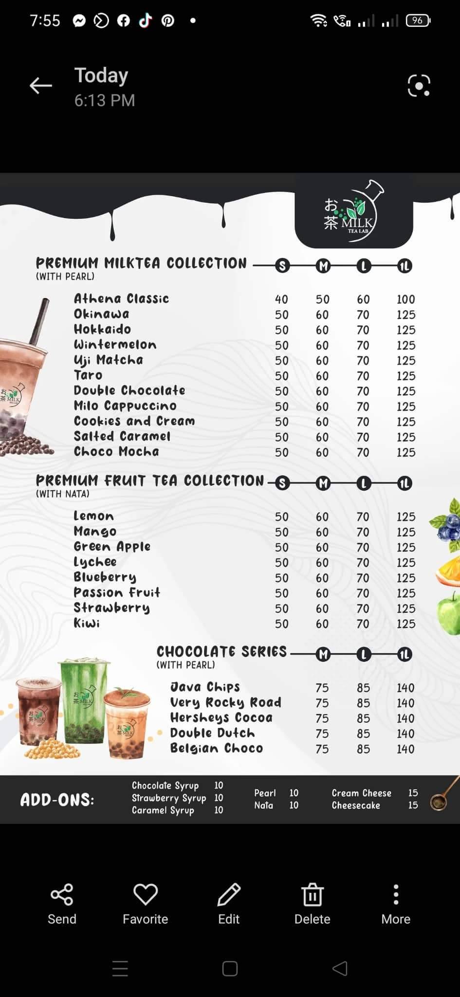 Menu at Milk tea lab cafe, Dasmariñas