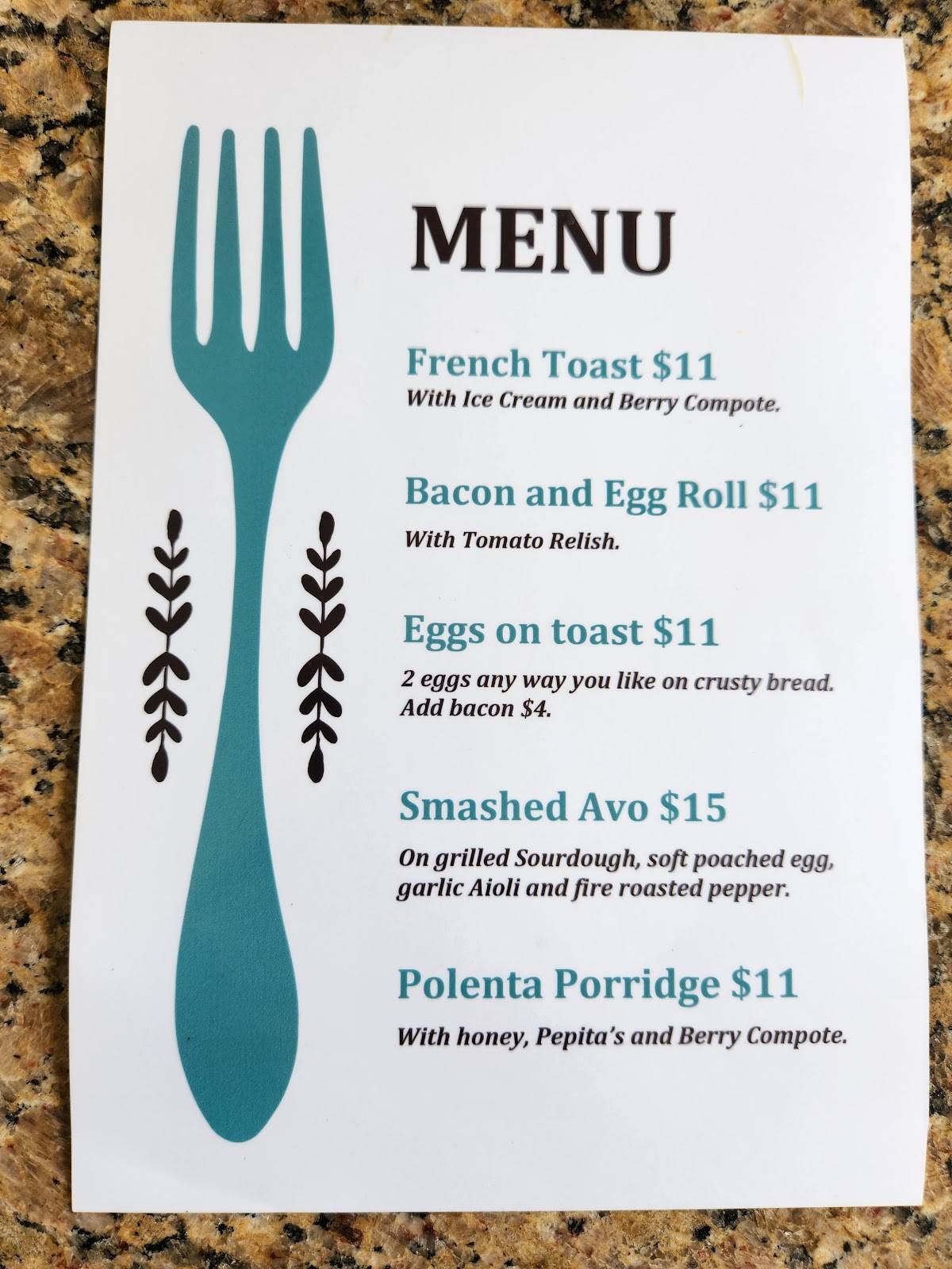 Menu at Millfield Cafe Bistro, Ballan