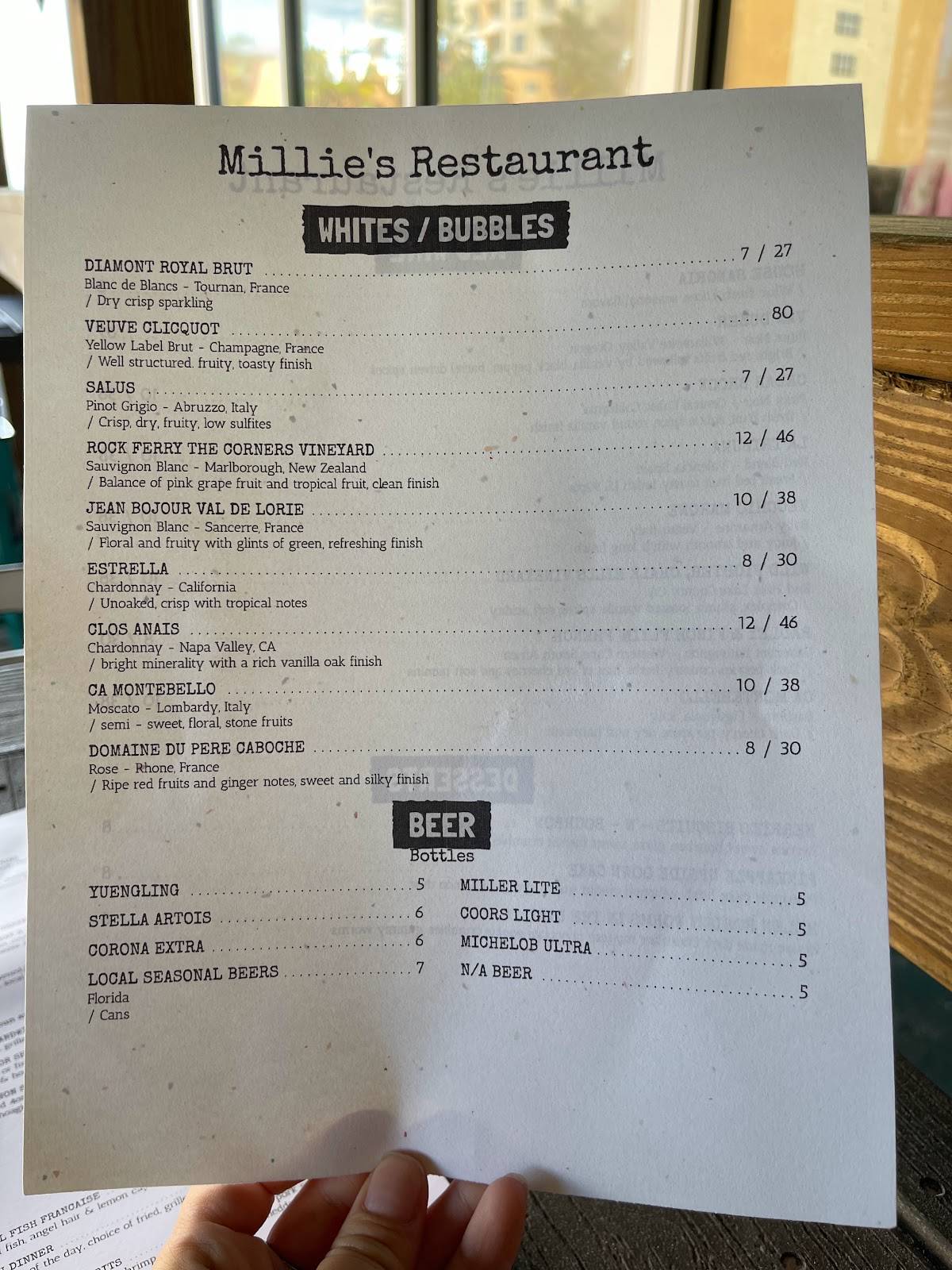 Menu at Millie's Restaurant & Catering, Daytona Beach Shores