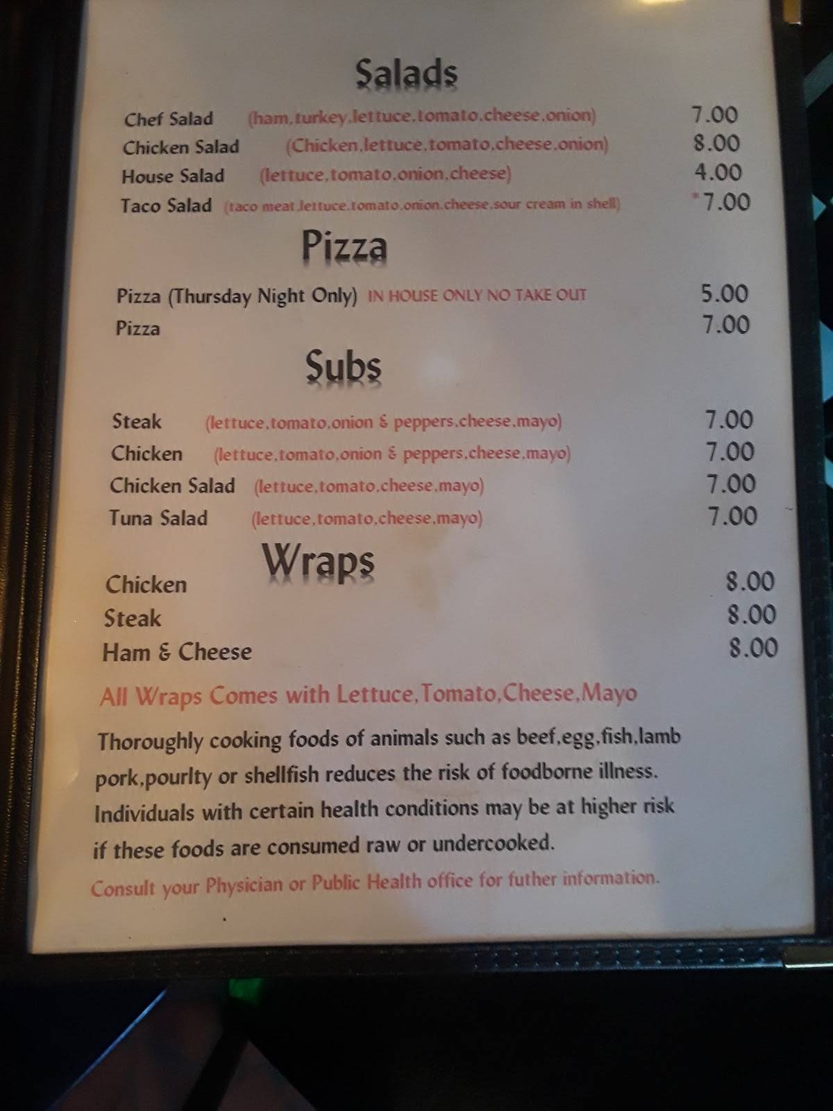 Menu at Milly's pub & bar, Chesapeake