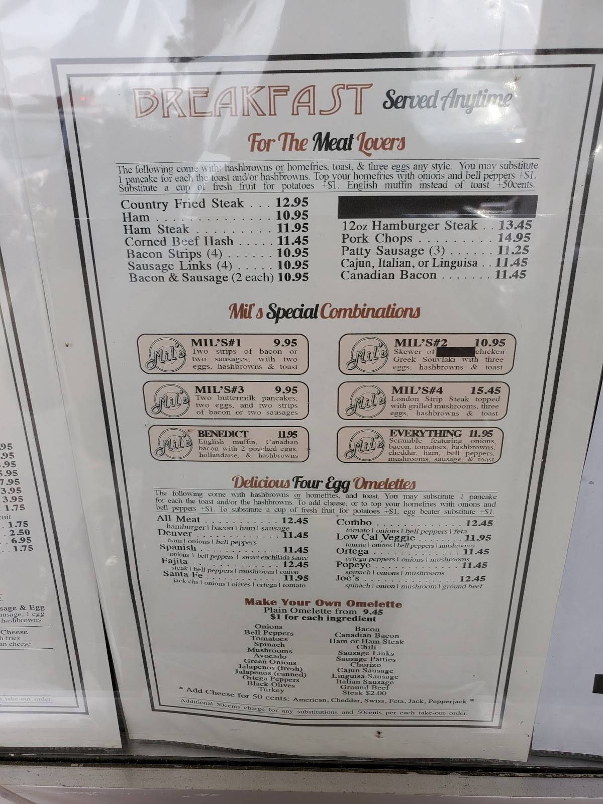 Menu at Mil's Diner restaurant, Milpitas
